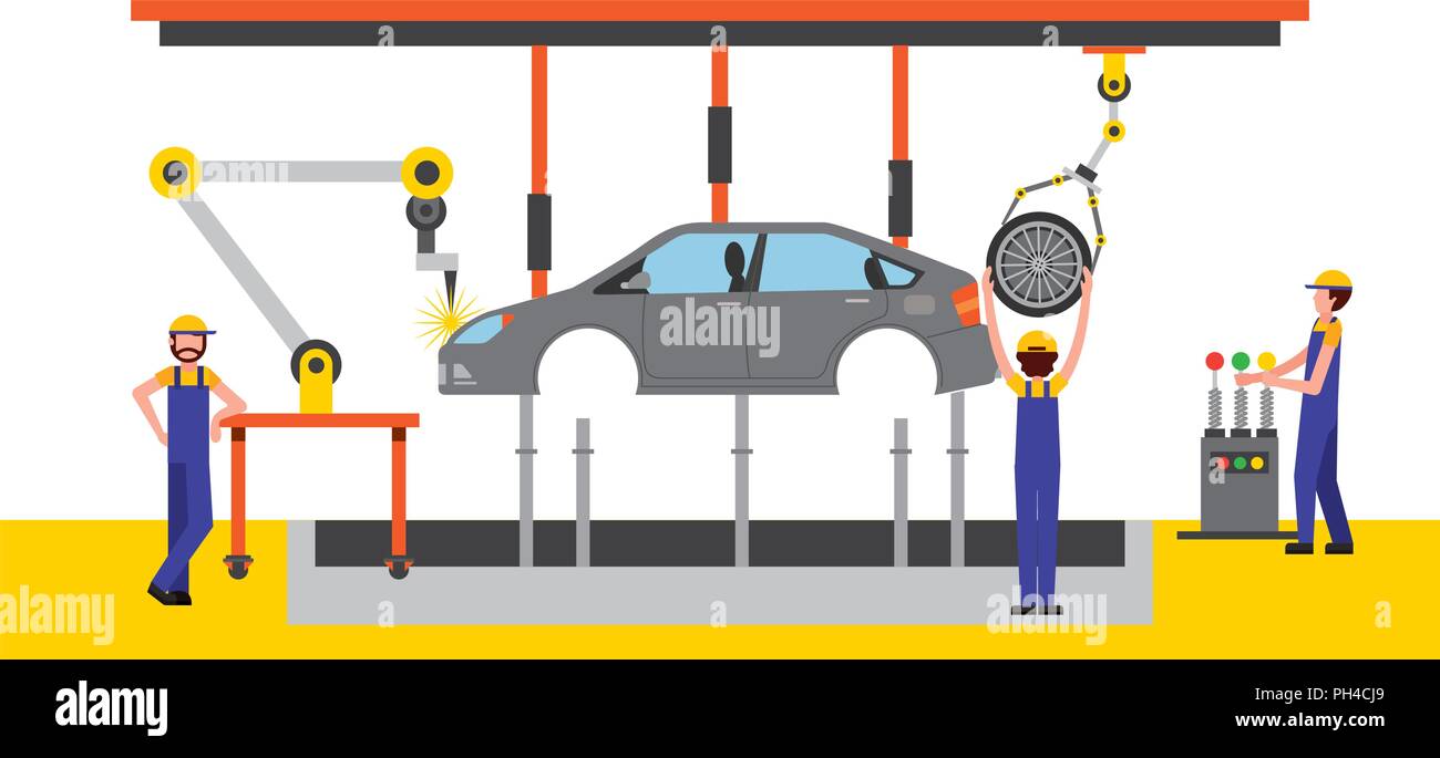 workers robot arms and assembly line automotive industry Stock Vector ...