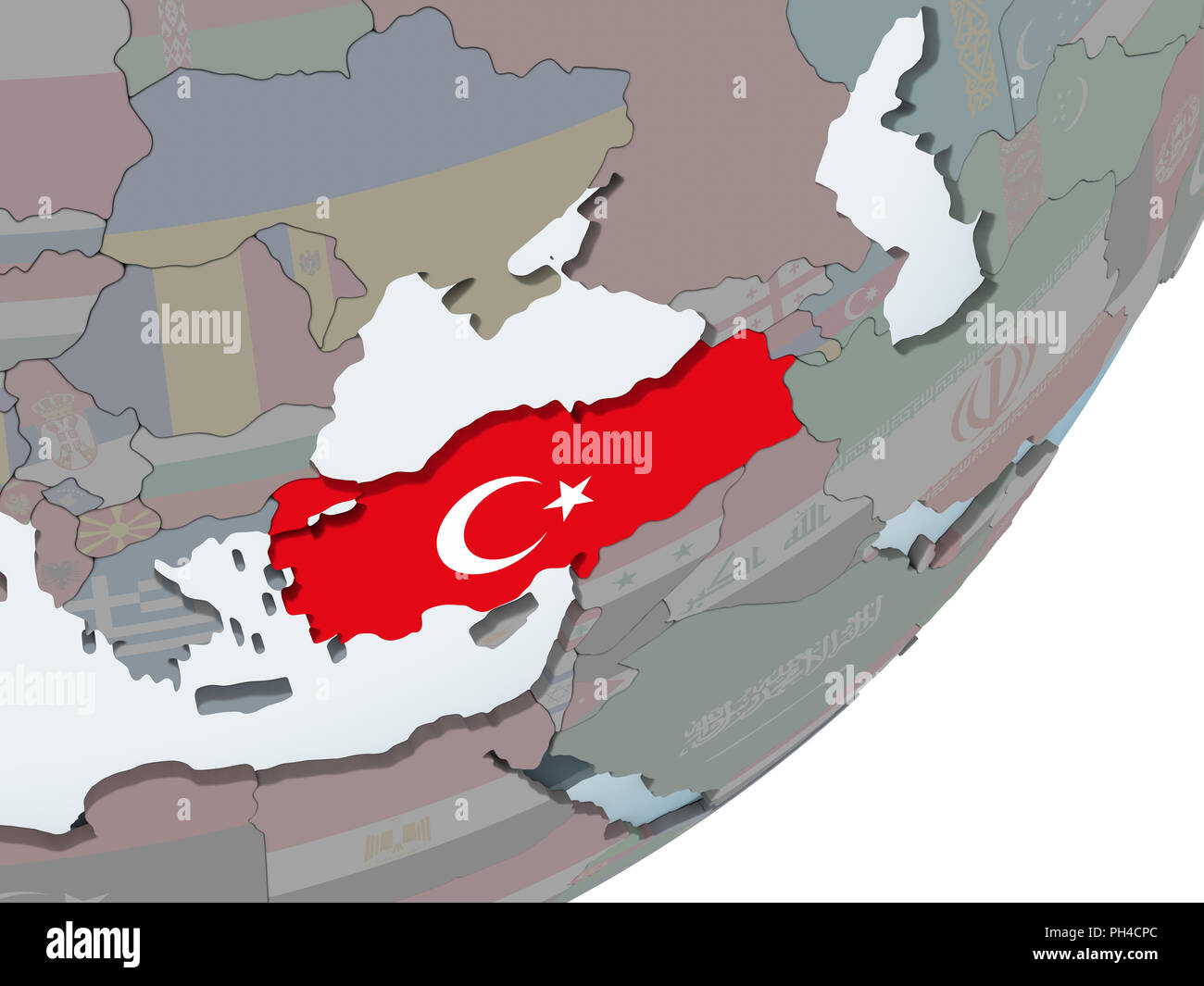 Turkey on political globe with embedded flag. 3D illustration Stock ...