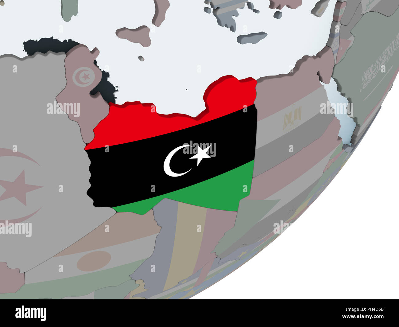 Libya on political globe with embedded flag. 3D illustration Stock ...