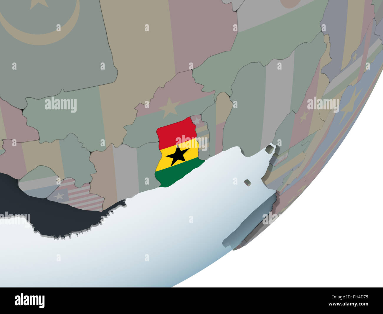 Ghana on political globe with embedded flag. 3D illustration Stock ...