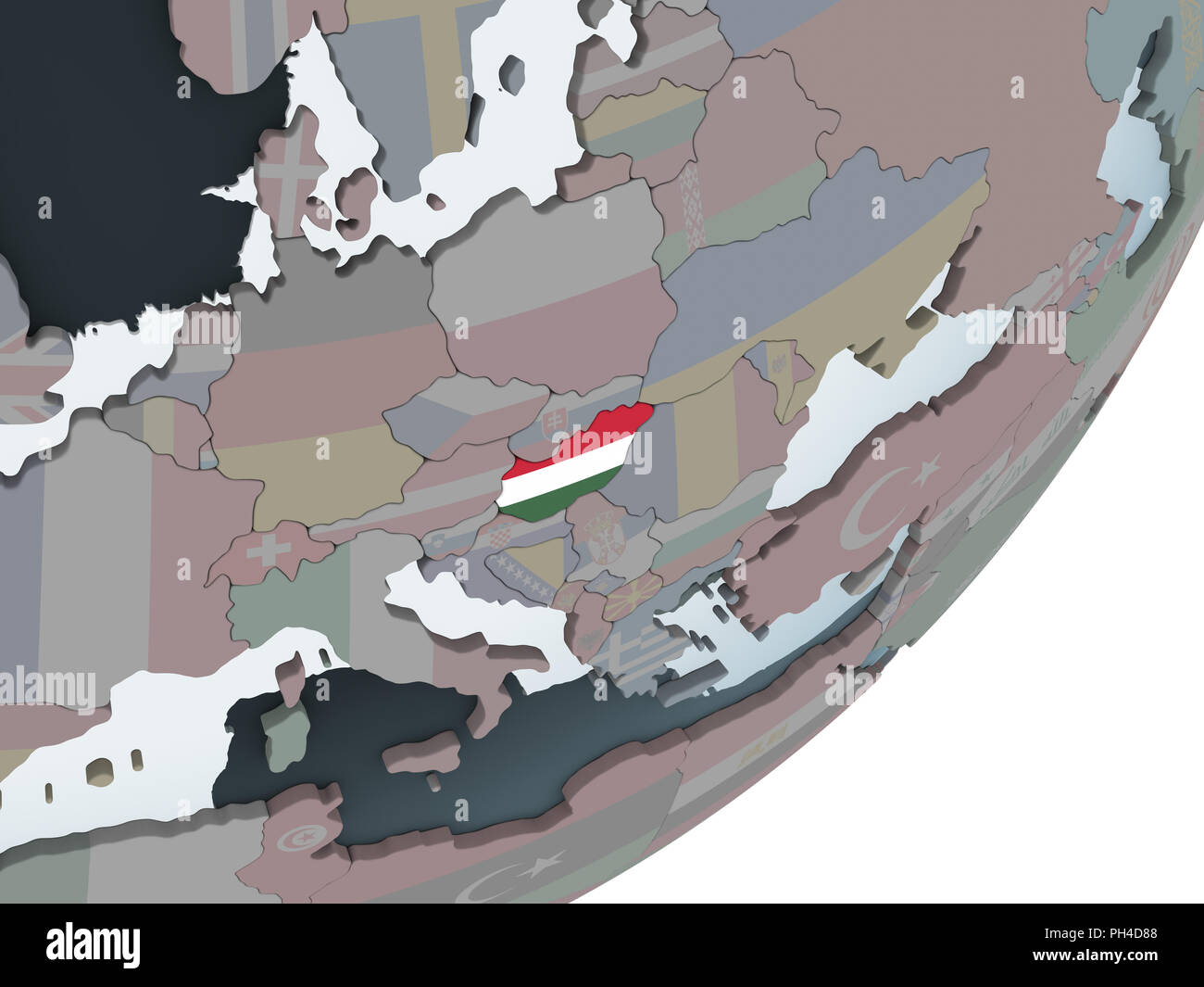 Hungary on political globe with embedded flag. 3D illustration Stock ...