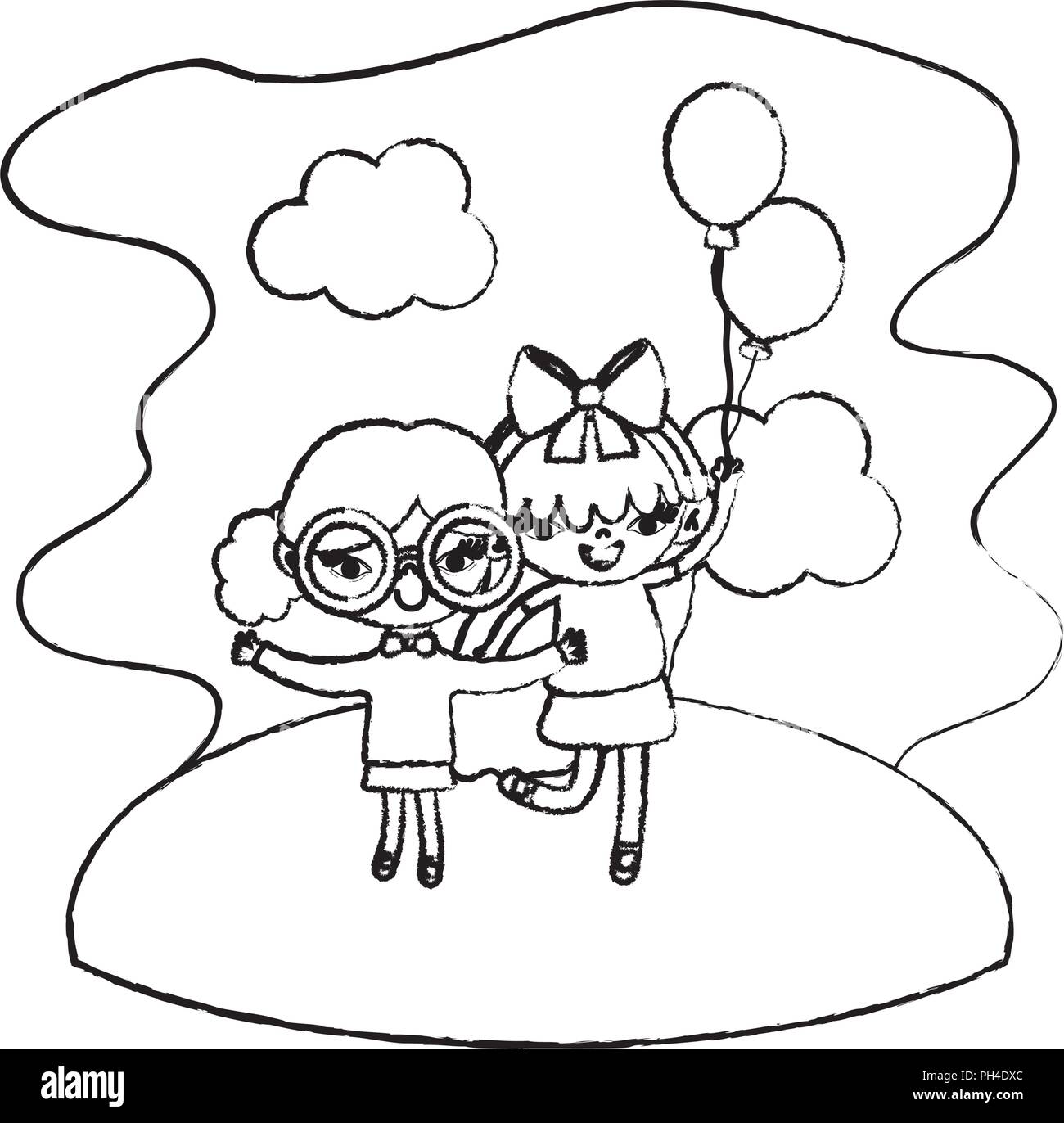 grunge girls children with nice balloons in the landscape Stock Vector ...