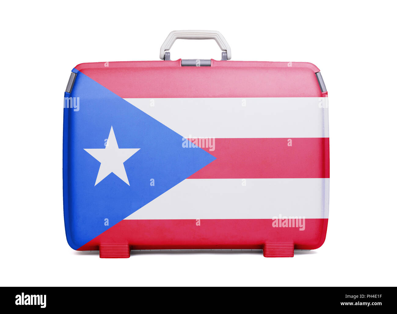 Used plastic suitcase with stains and scratches, printed with flag ...