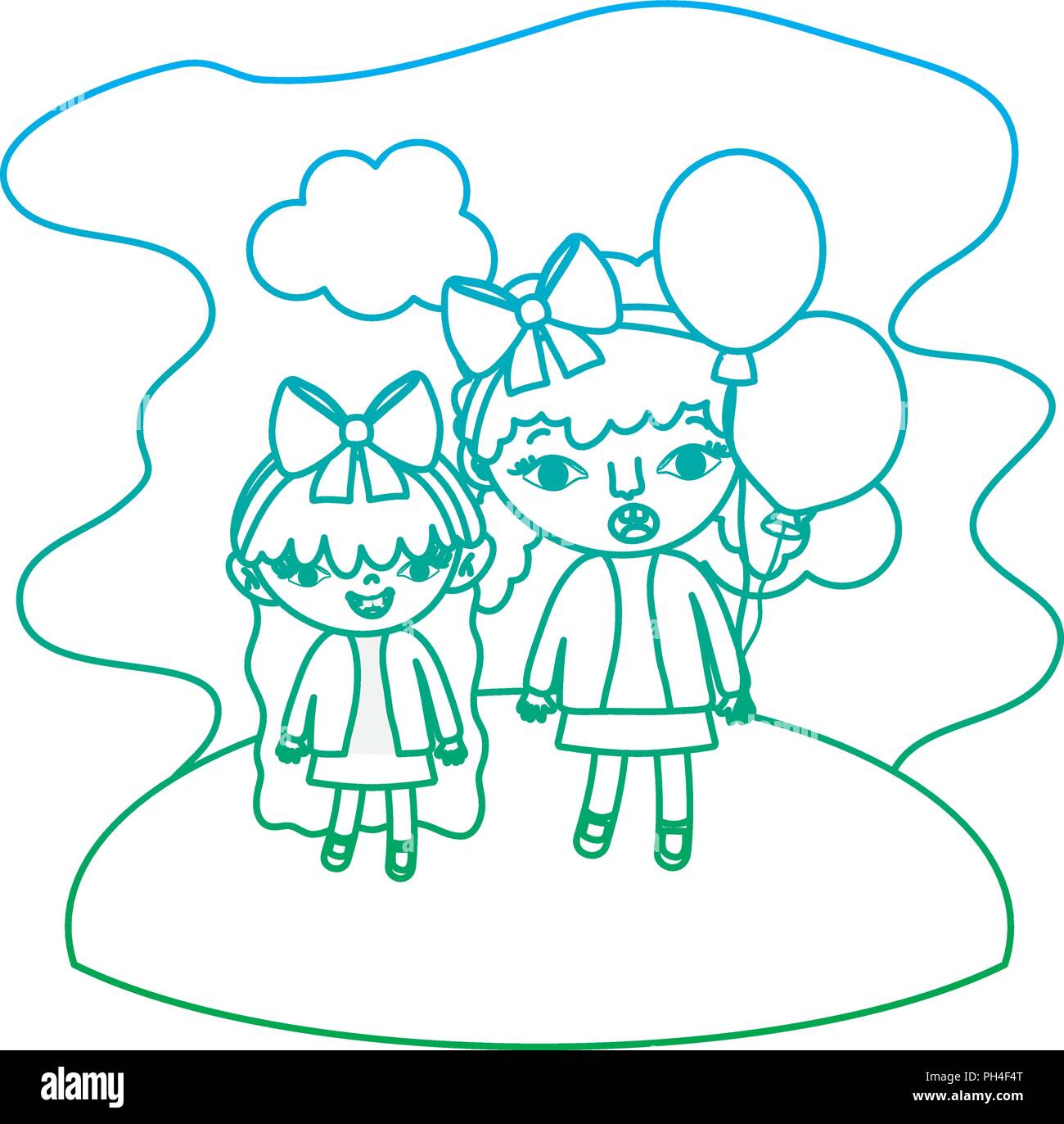 degraded line happy girls children with balloons in the landscape Stock ...