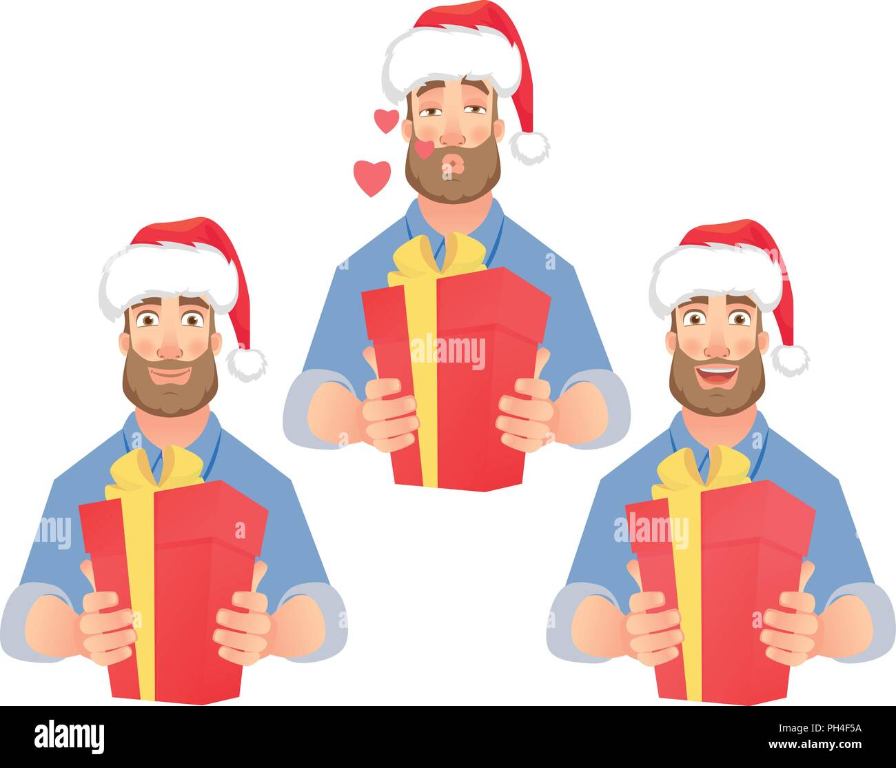 Man gives a gift. Man holding red present box. Red santa hat vector ...
