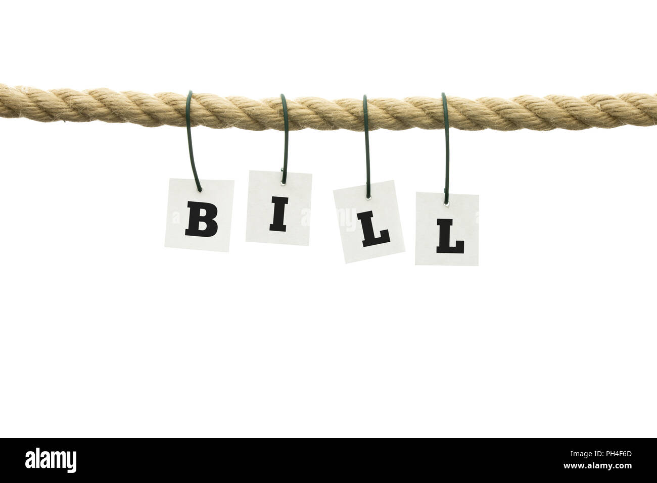 Word Bill hanging off a frayed rope. Isolated over white background ...