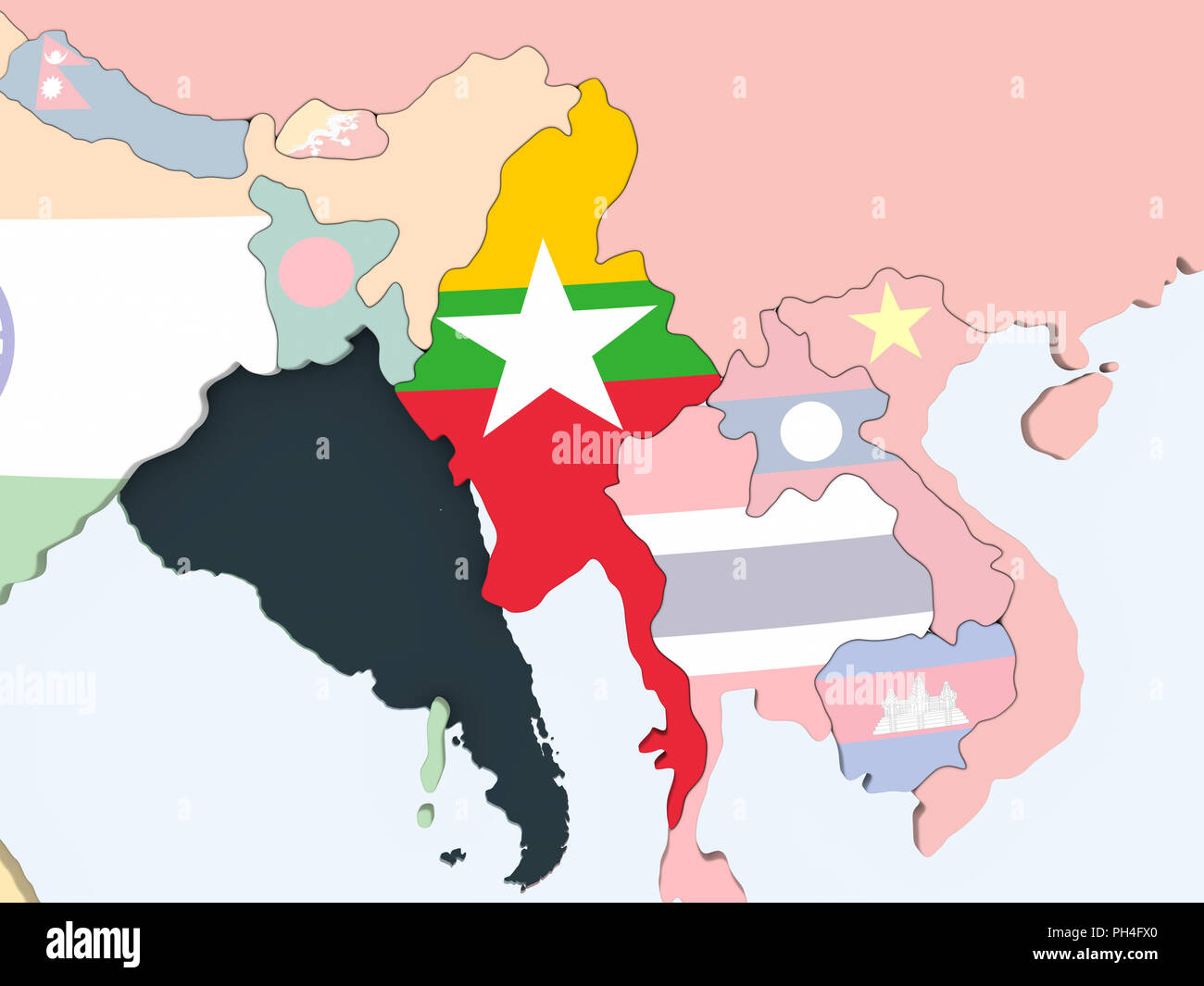 Myanmar on bright political globe with embedded flag. 3D illustration ...