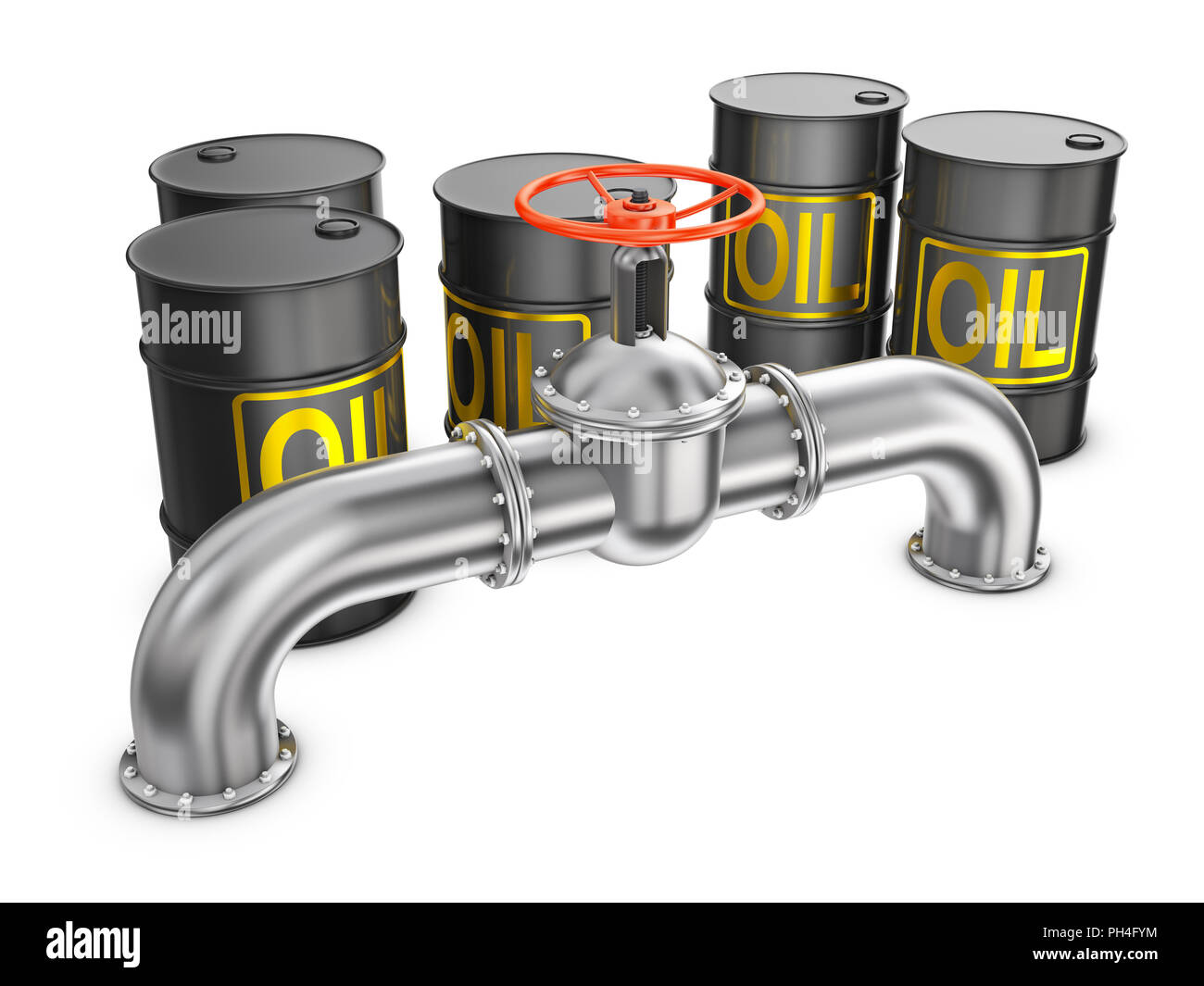 Steel pipe with a valve and a barrel of oil on the white background. 3d ...