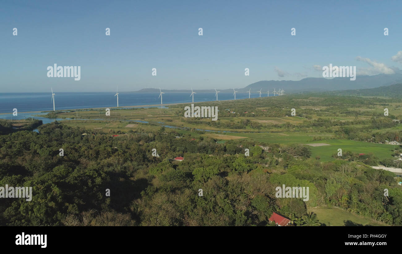 Aerial view of Windmills for electric power production on the coast ...