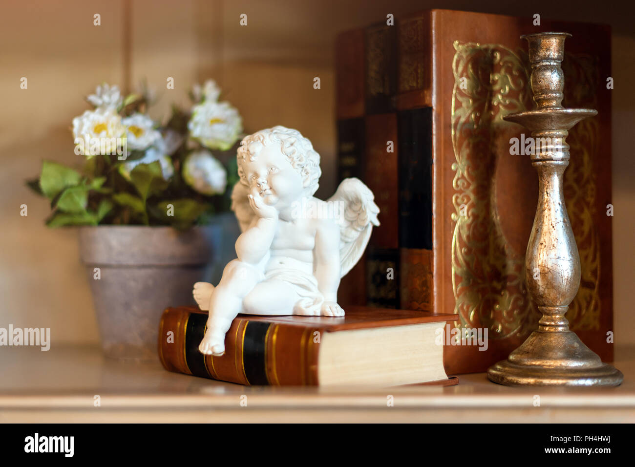 Amur. Cupid figure. Vintage. Boy angel on bookshelf with flowers and ...