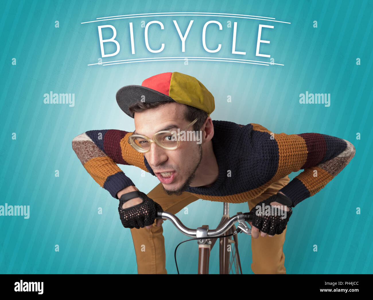 Kooky young guy on a bike with cyclist keywording and streaky ...
