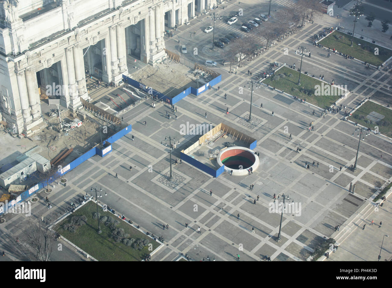 Aerial view of Central station square in Milan with peoples walking ...