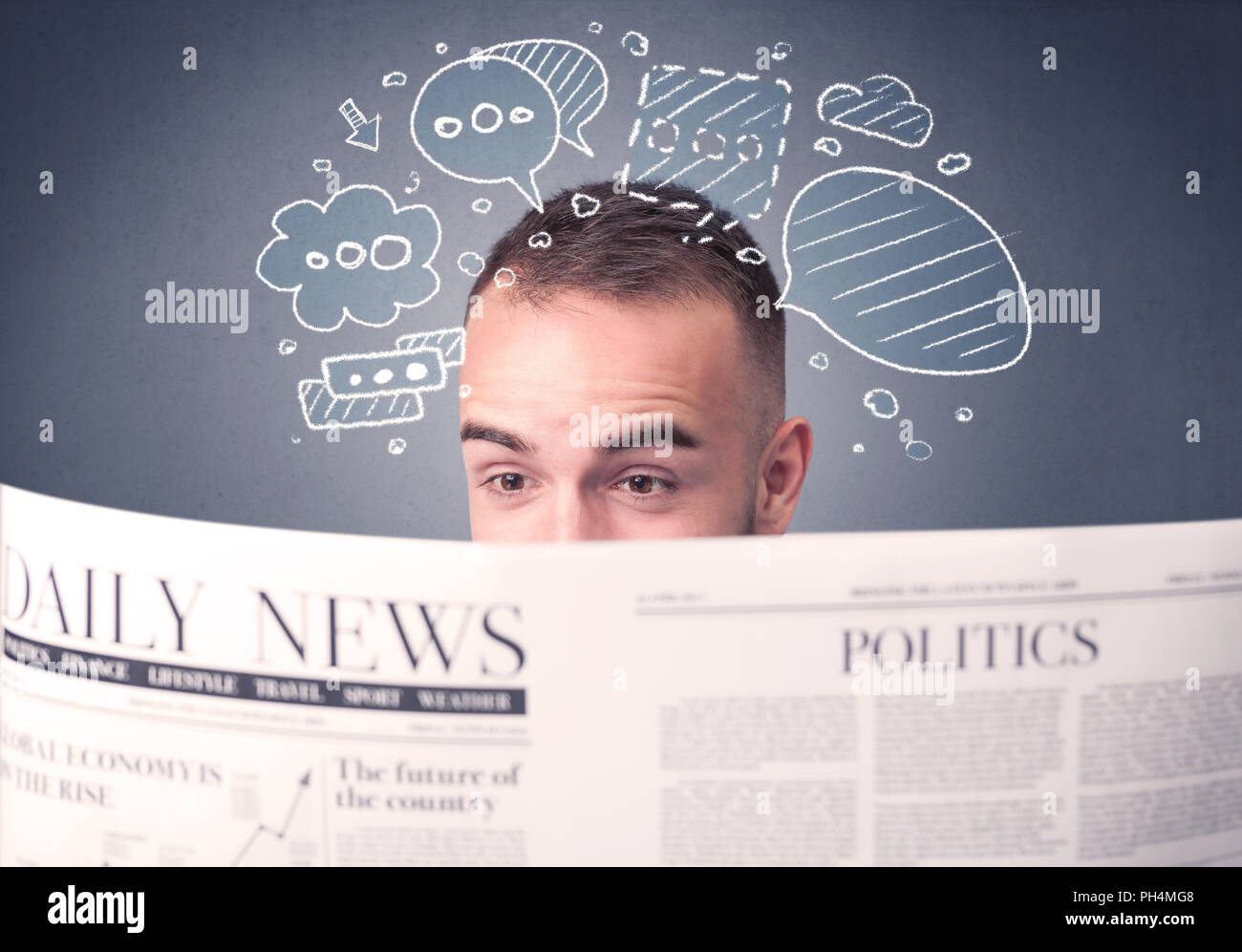 Puzzled young businessman reading daily newspaper with speech bubbles ...