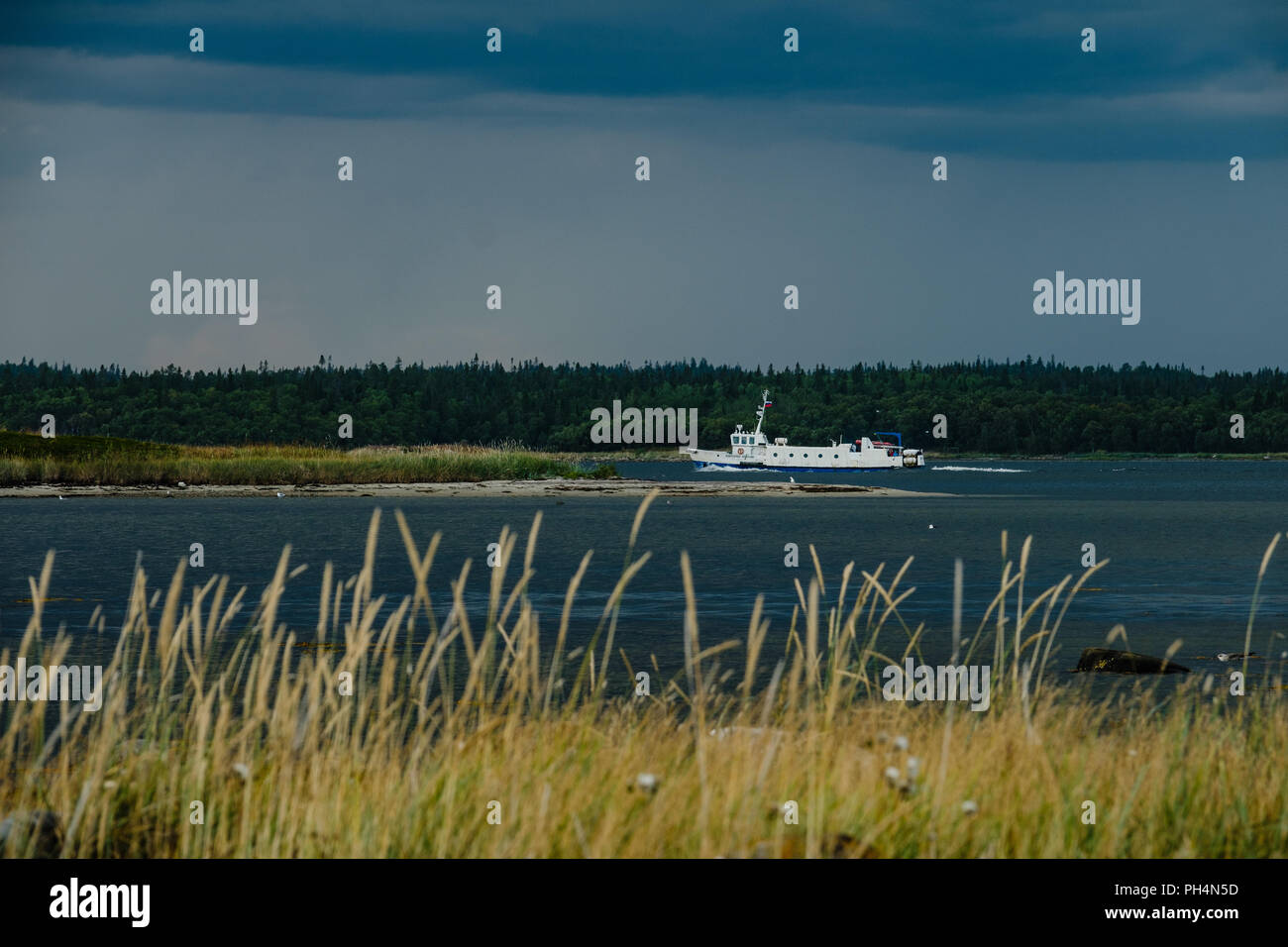 Ships in the White Sea off the shore of the Solovetsky Islands Stock ...