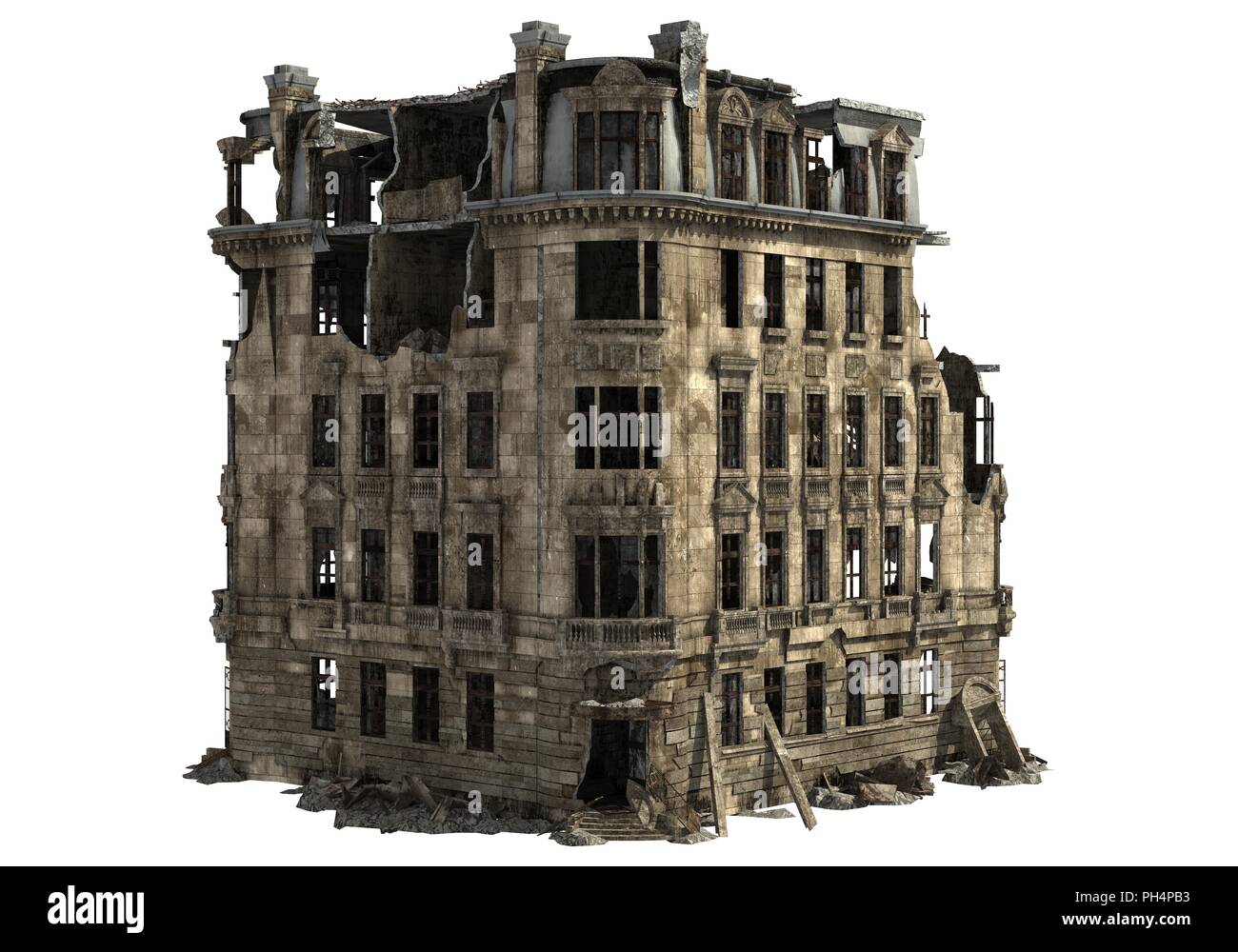 Ruined Building Isolated On White 3D Illustration Stock Photo - Alamy