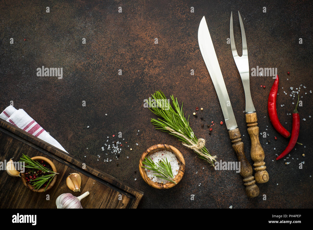 Food background on dark stone table top view Stock Photo - Alamy