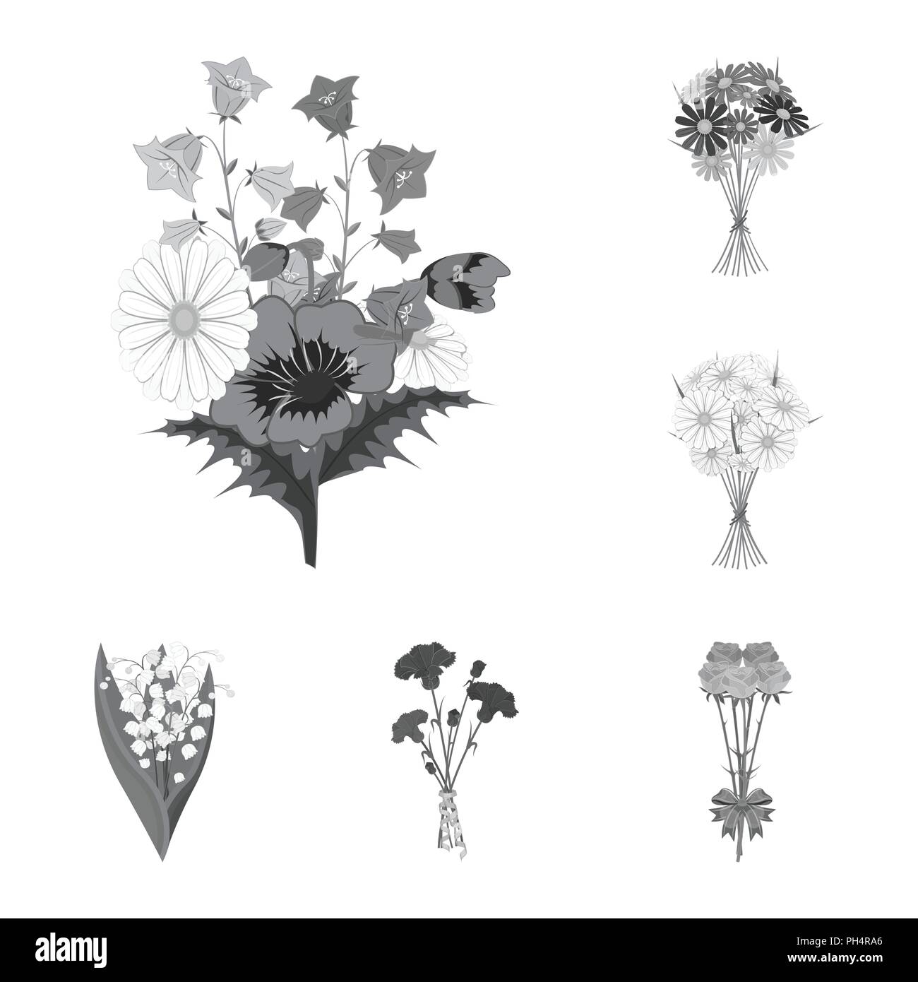 A bouquet of fresh flowers monochrome icons in set collection for ...