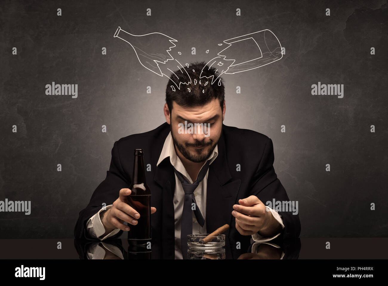 Drunk down and out man with doodle alcohol bottles concept Stock Photo ...