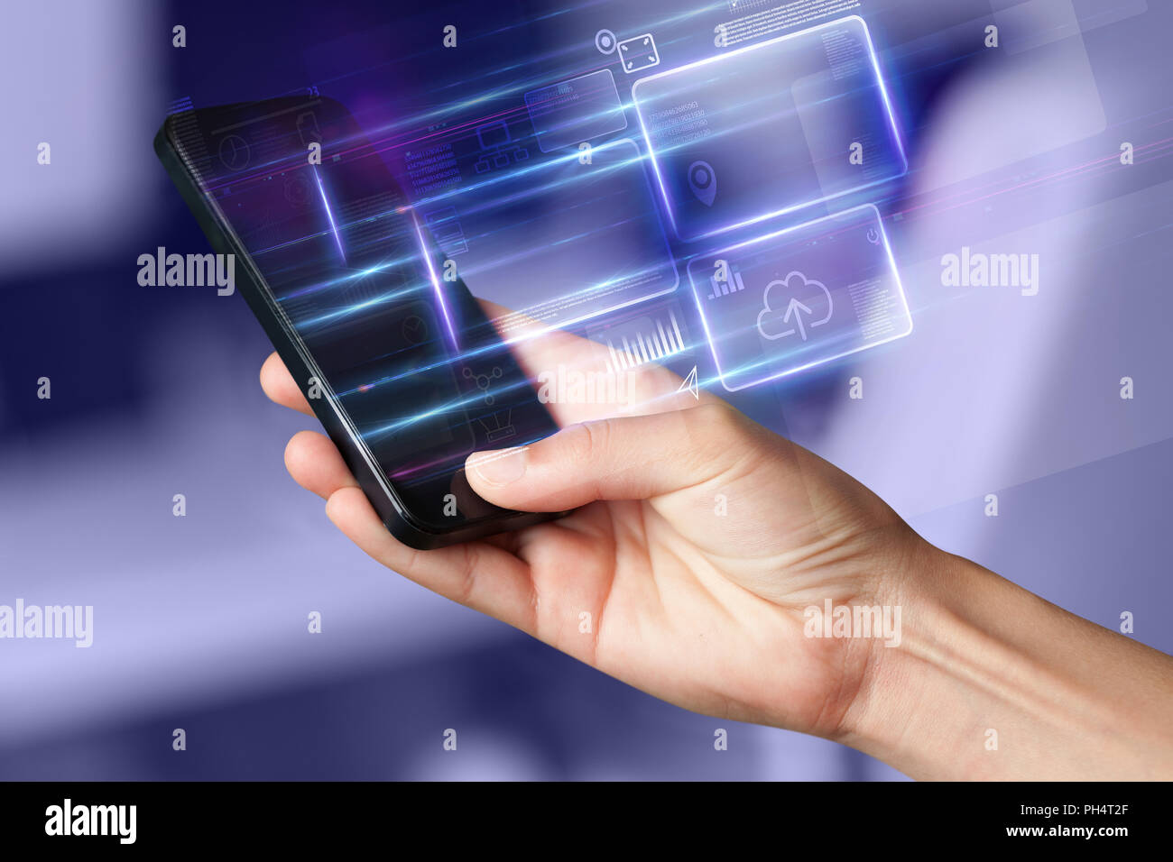 Hand using phone with database reports and online work concept Stock ...