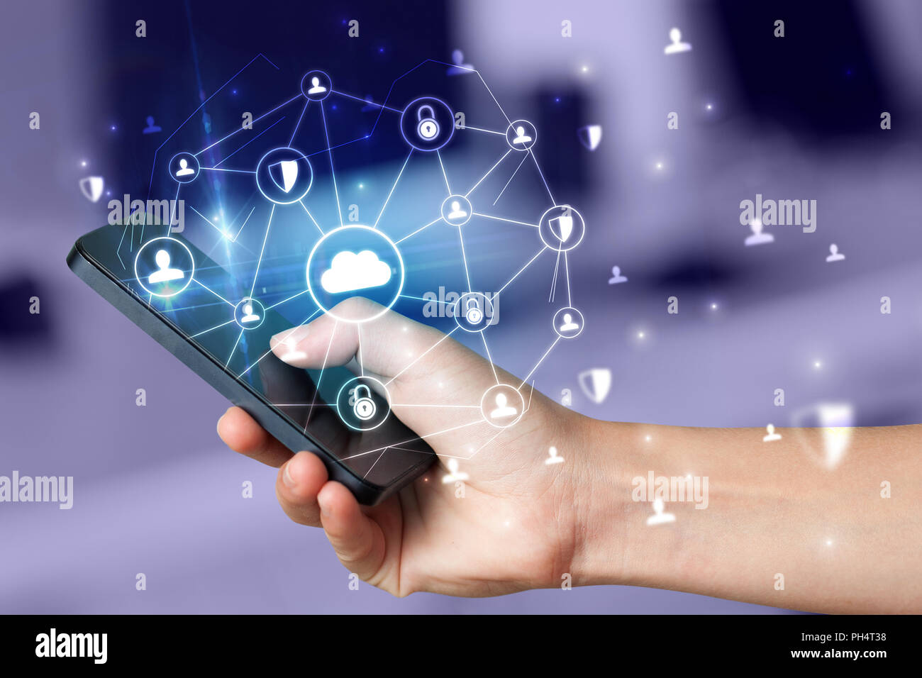 Hand Using Phone With Centralized Cloud Computing System And Network Security Concept Stock