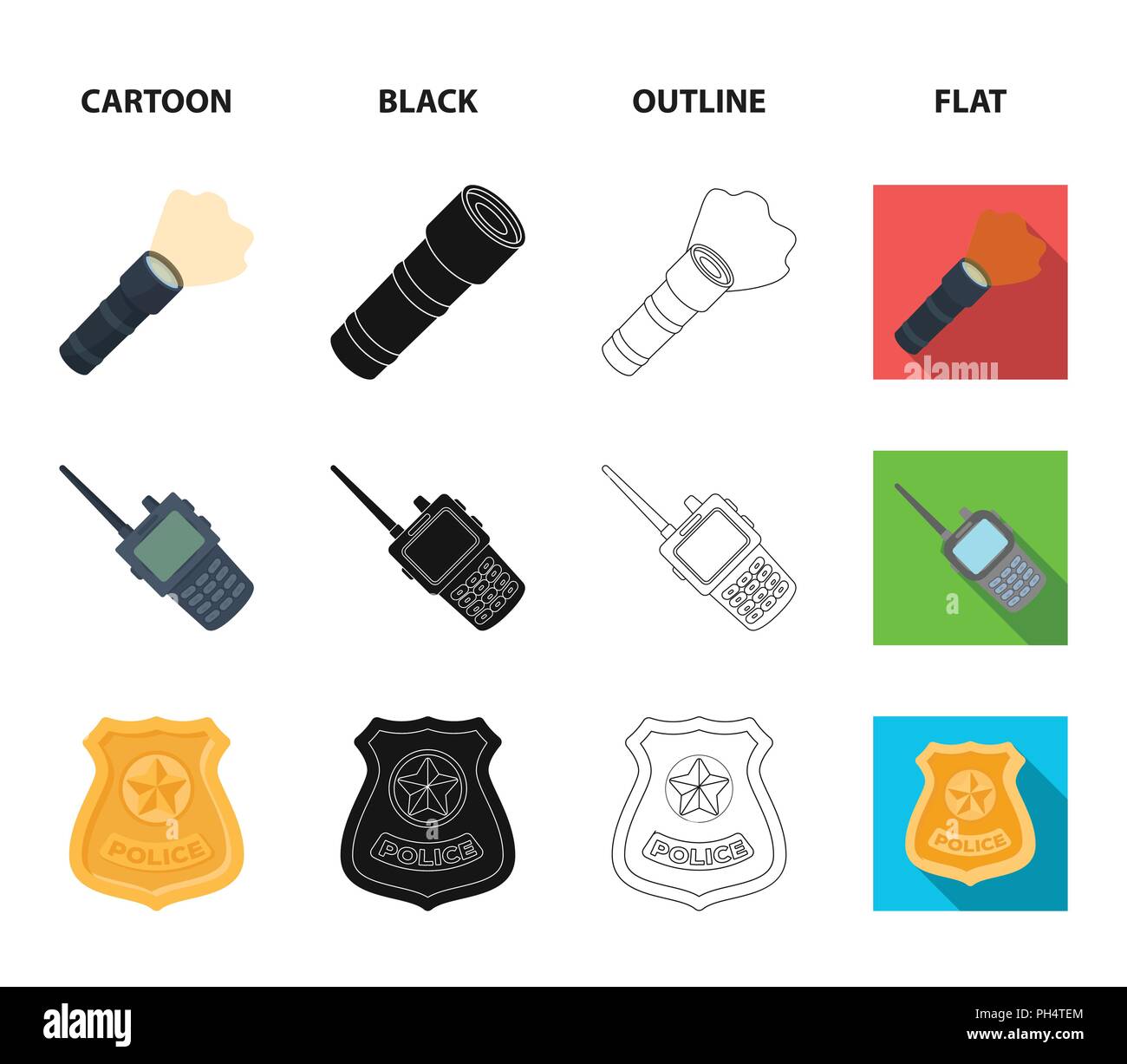 Radio, police officer badge, uniform cap, pistol.Police set collection ...