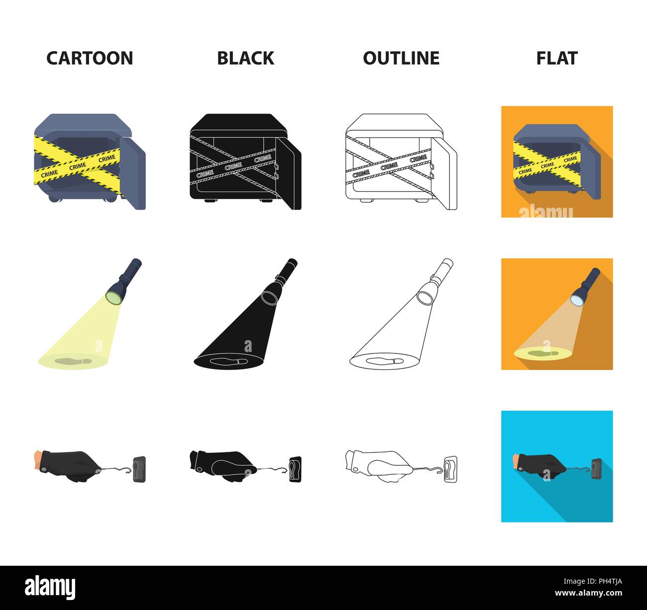 The detective flashlight illuminates the footprint, the criminal hand ...