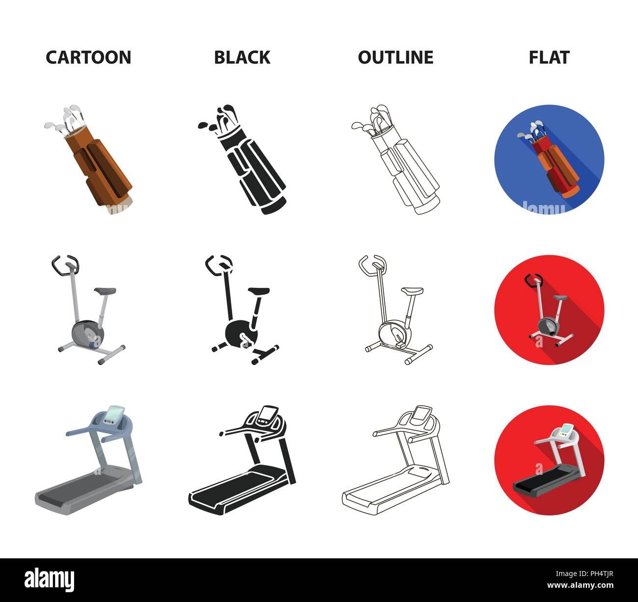 Exercise bike, treadmill, glove boxer, lock. Sport set collection icons ...