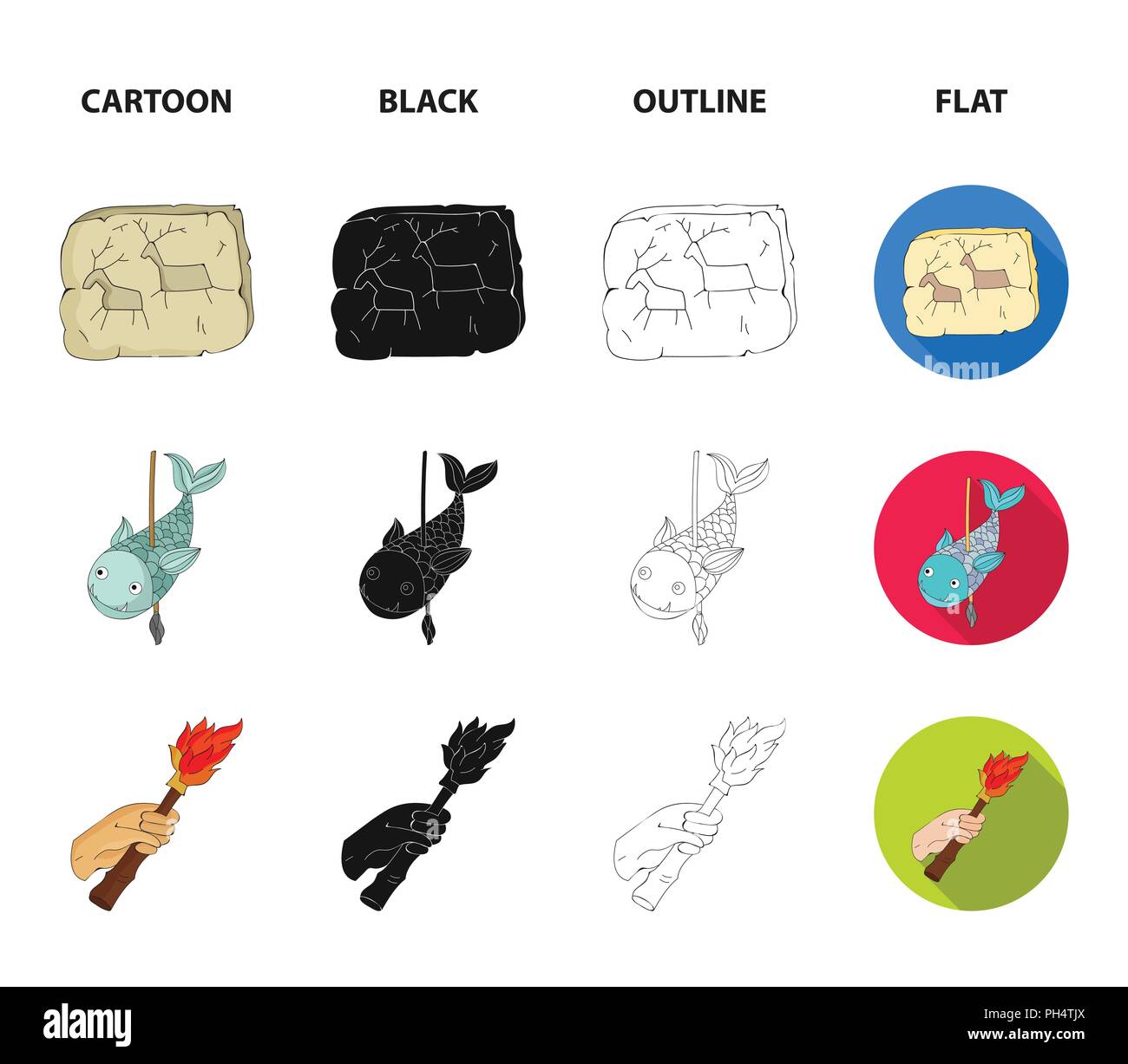 Primitive, fish, spear, torch .Stone age set collection icons in ...