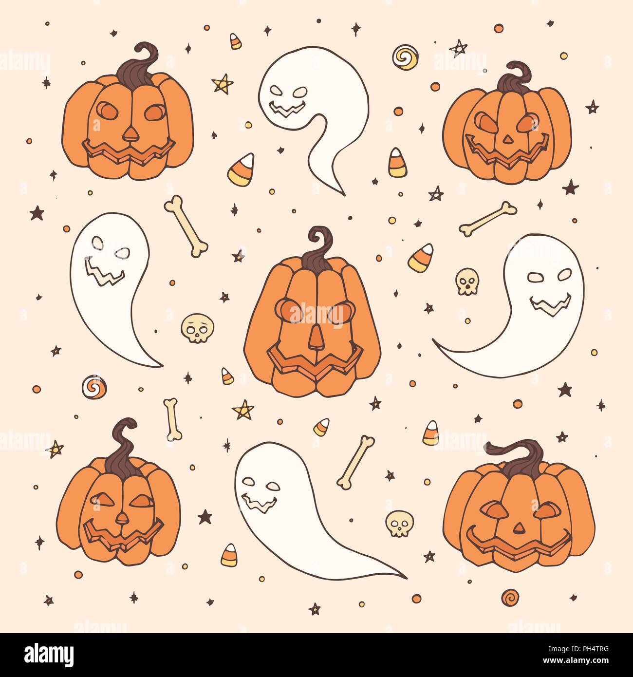 Vector Halloween set with orange pumpkins, ghosts with scary faces ...