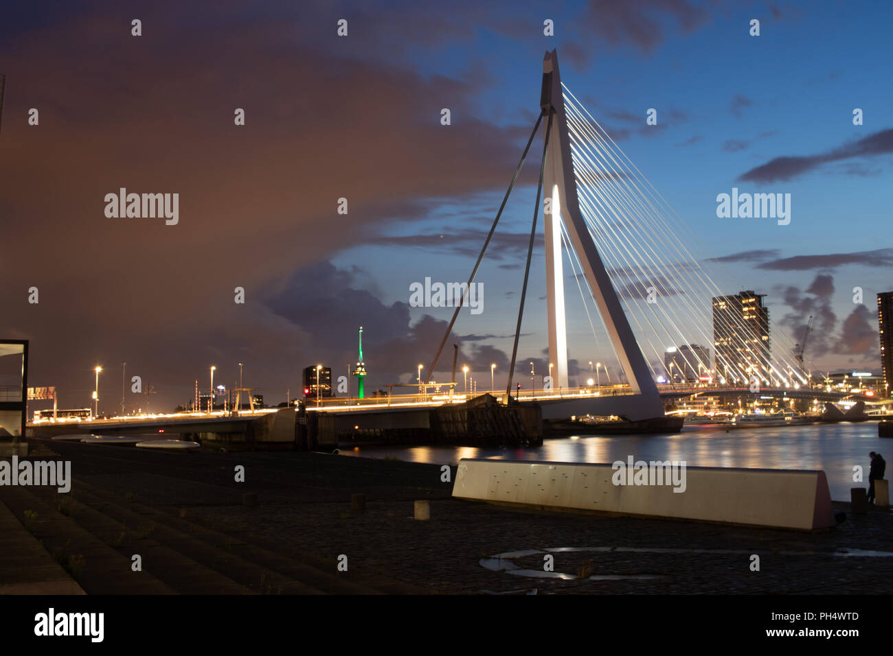 Erasmusbridge shot by night, cloudy sky, nice wide background view at ...