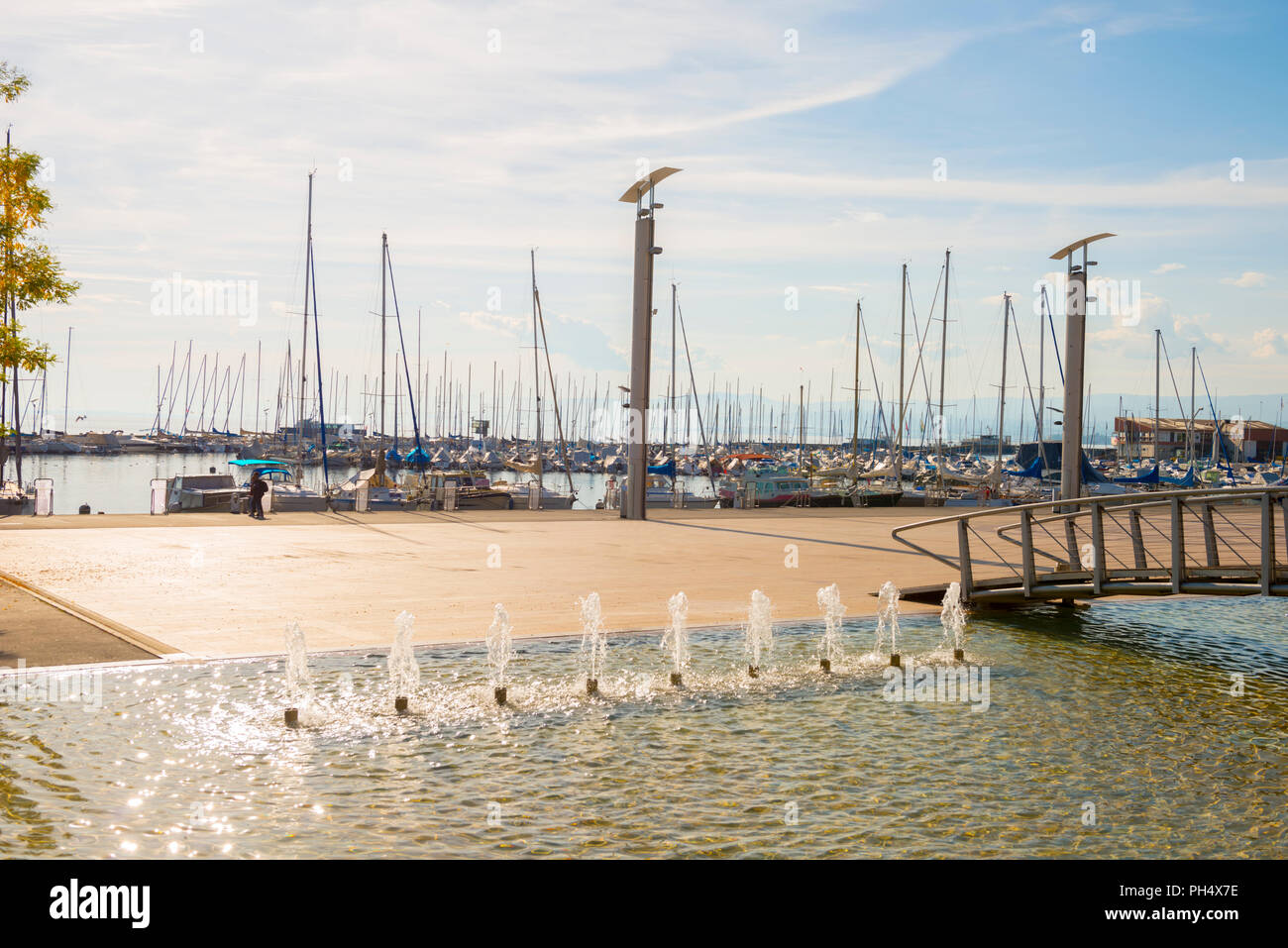 Port with Nautical Vessel and Fountain in Lausanne, Switzerland Stock ...