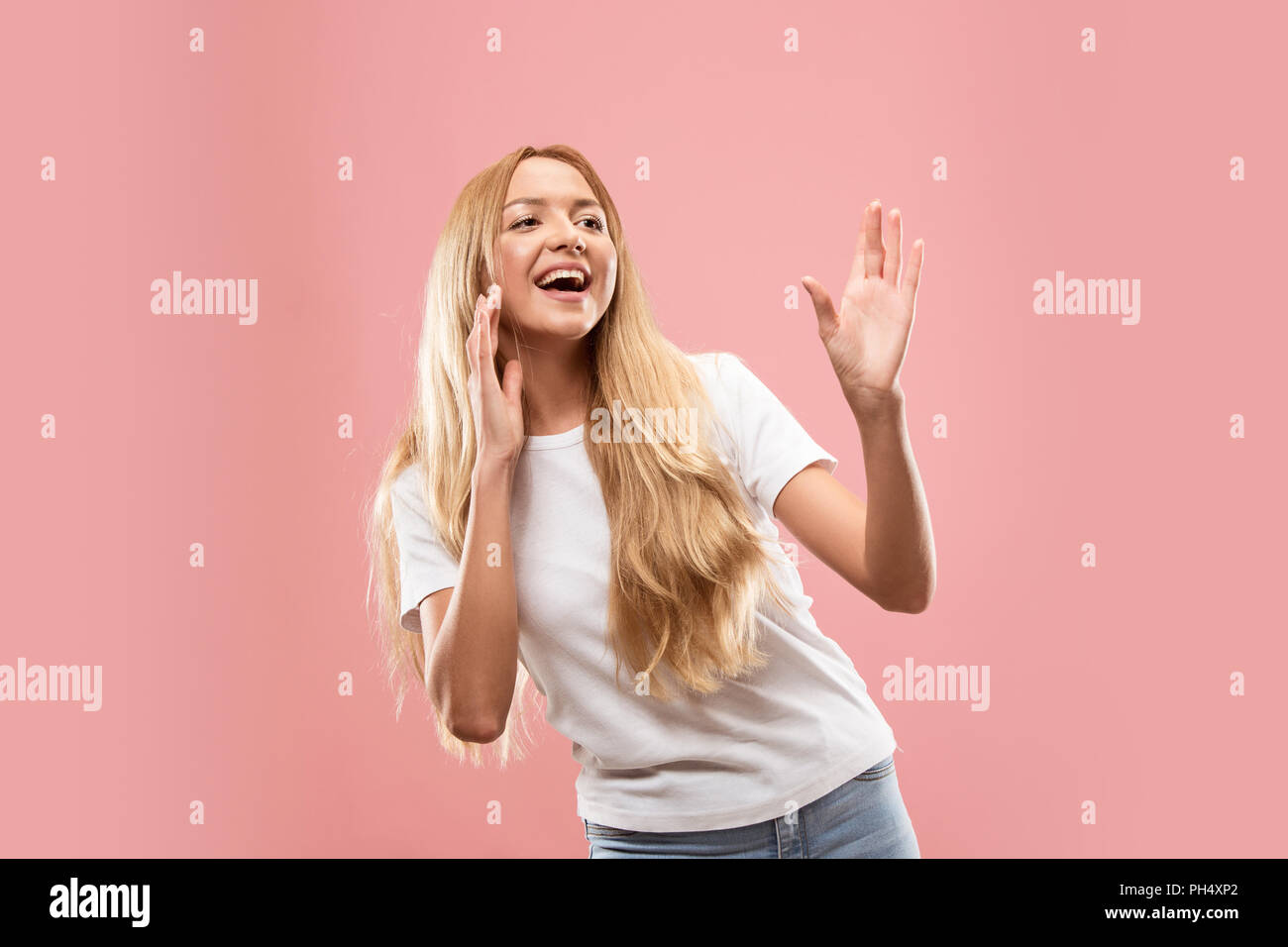 Do not miss. Young casual woman shouting. Shout. Crying emotional woman ...