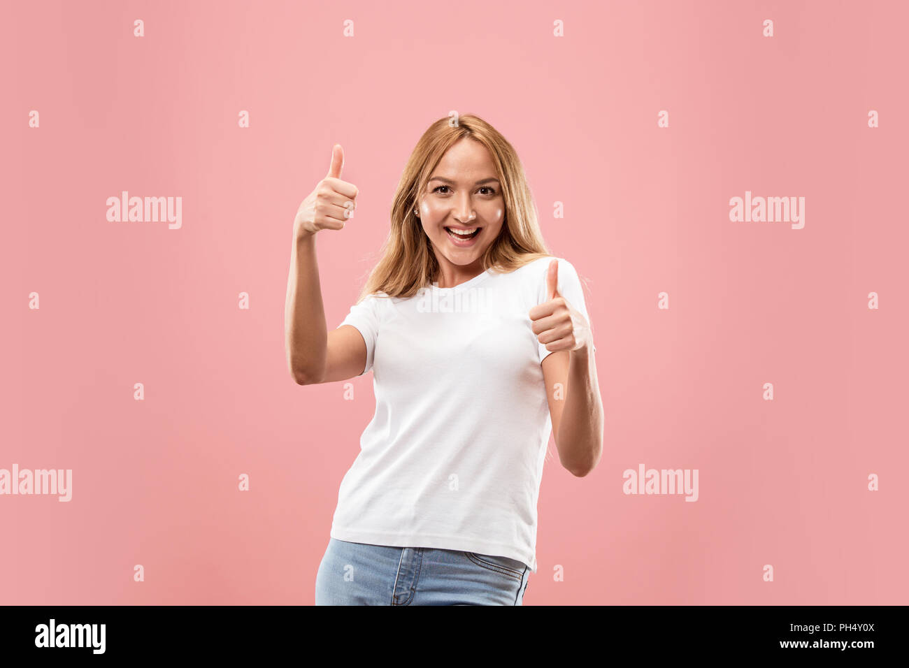 I am ok. Happy business woman, sign ok, smiling, isolated on trendy ...