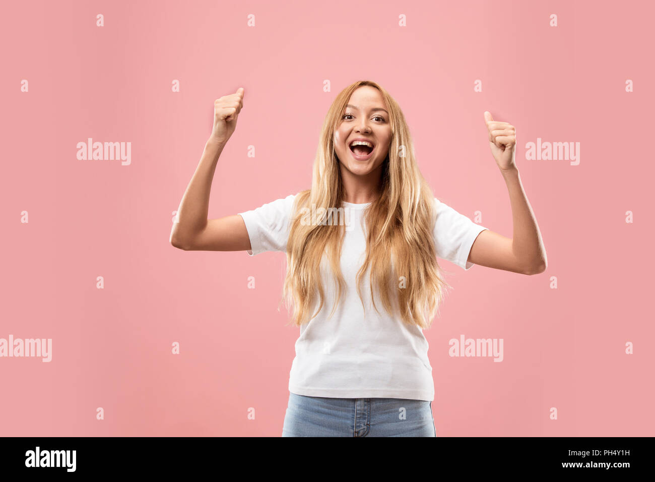 I am ok. Happy business woman, sign ok, smiling, isolated on trendy ...