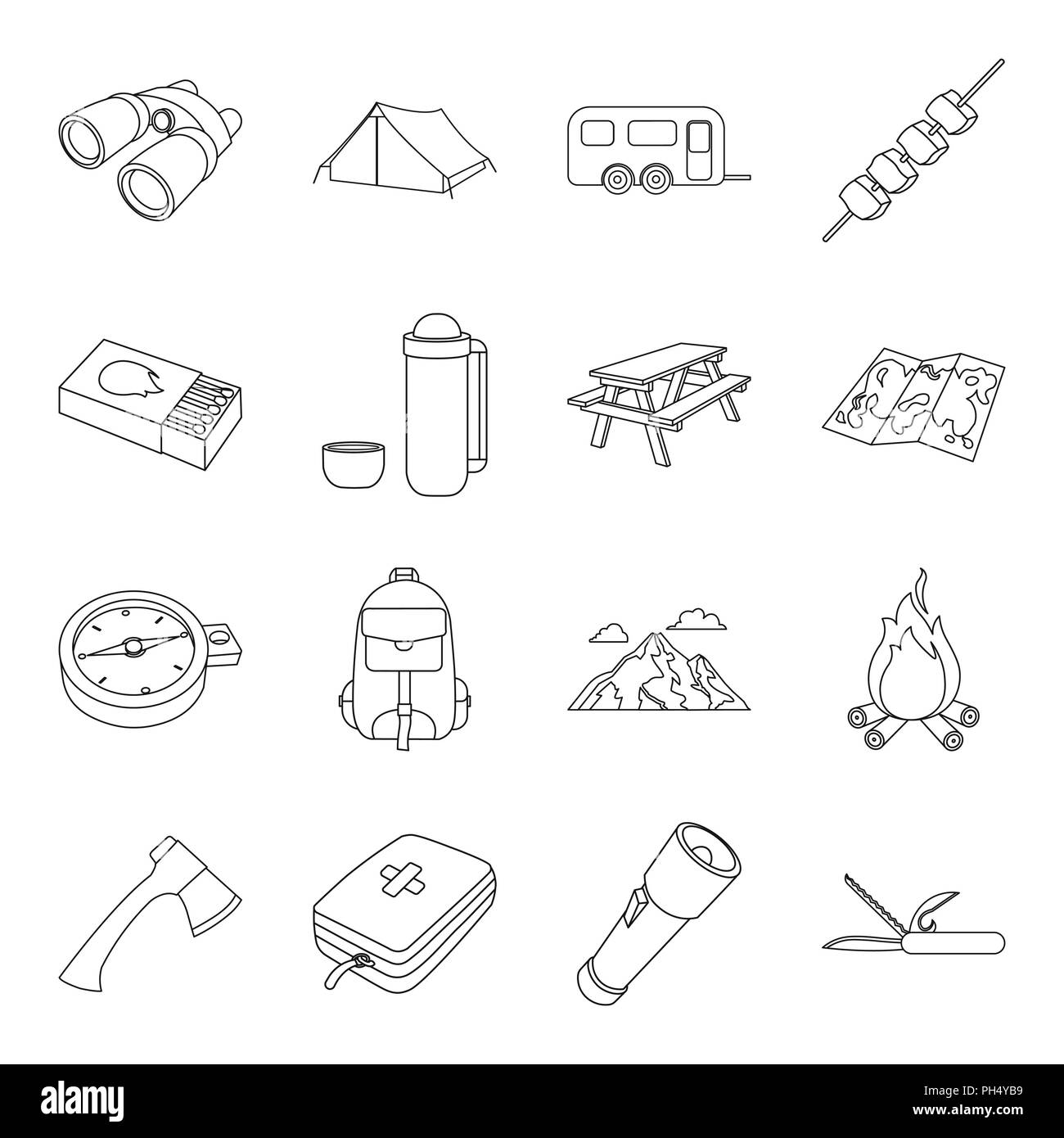 axe,bag,bench,binoculars,camp,campfire,camping,campsite,car,caravan ...