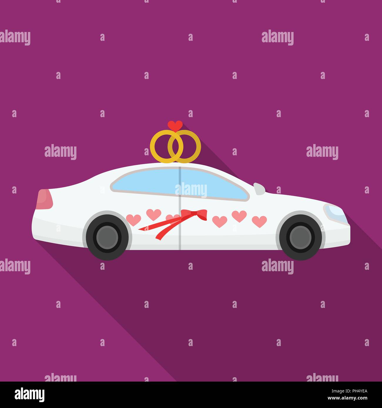 White wedding car with rings. Auto for the bride and groom.Wedding ...