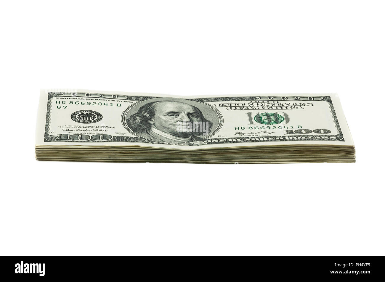 A small stack of one hundred dollar bills on a white background ...