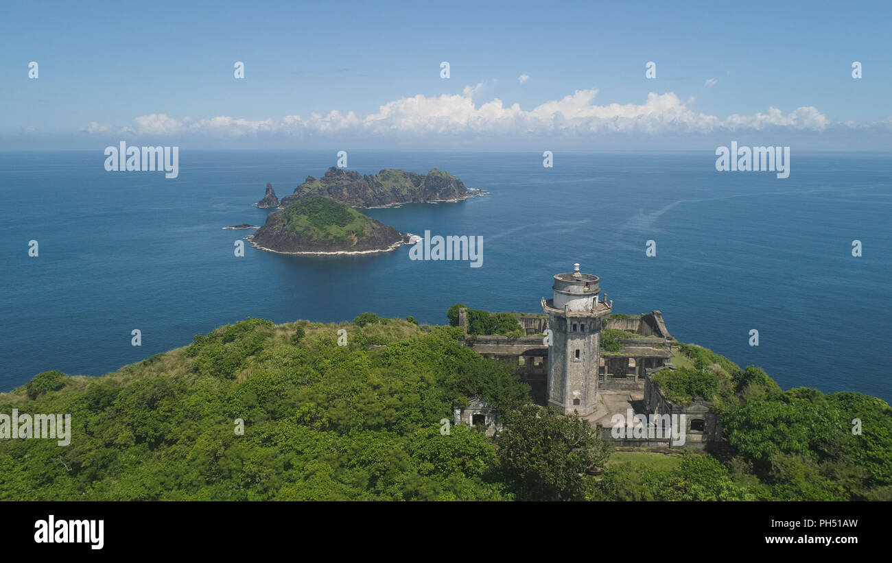 Aerial view of lighthouse in Palau island. Lighthouse in cape Engano ...