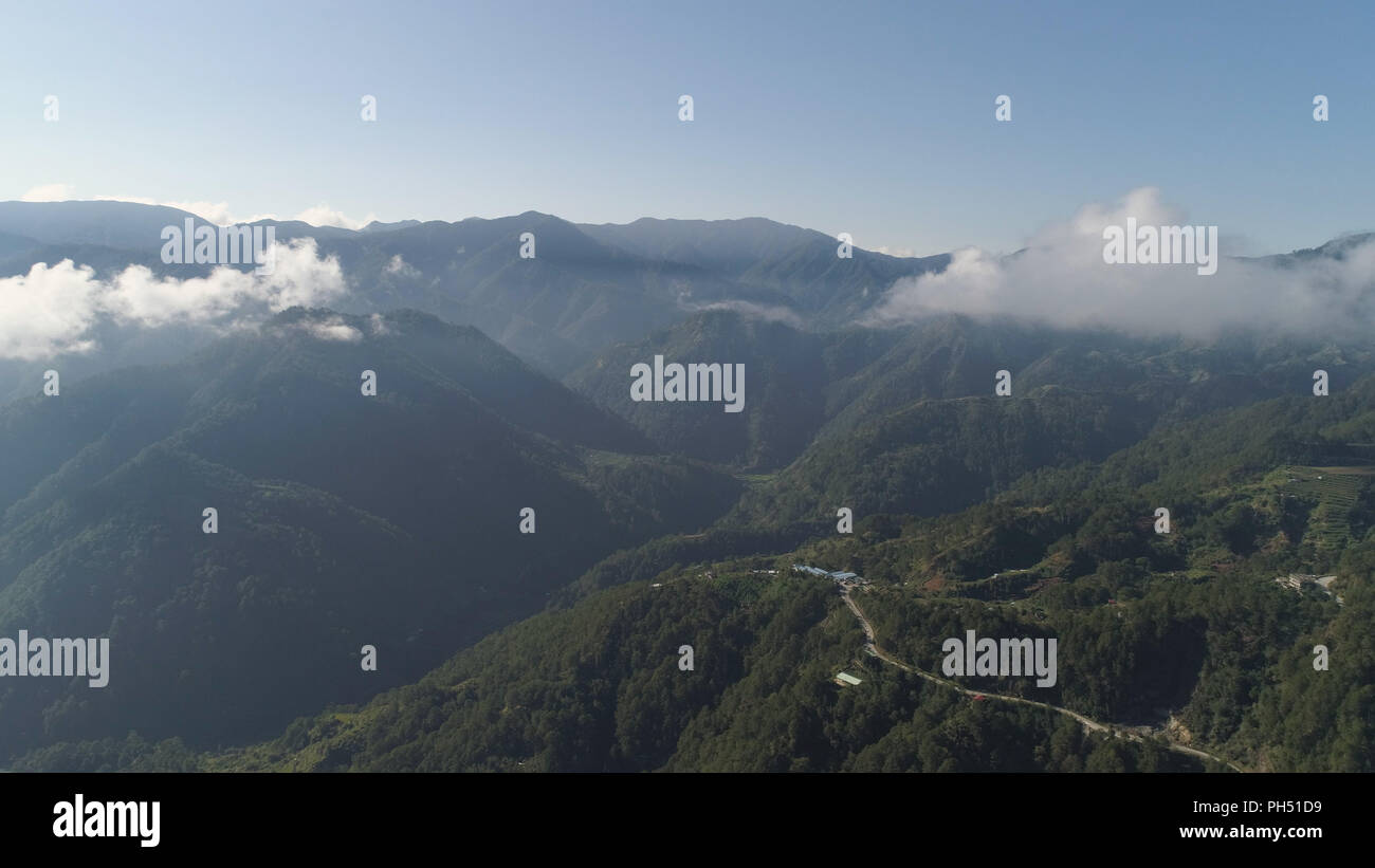 Aerial view of mountains covered forest, trees in clouds. Cordillera ...