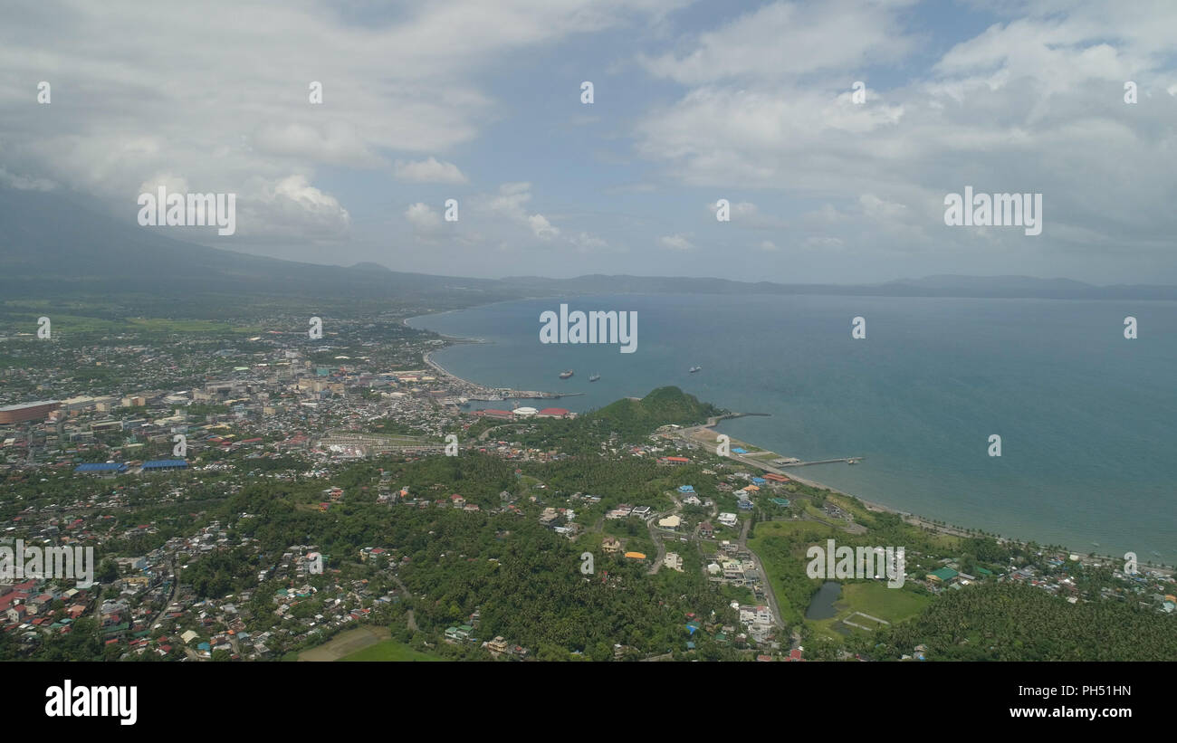 Aerial view city Legazpi in background Mayon volcano. Tropical ...