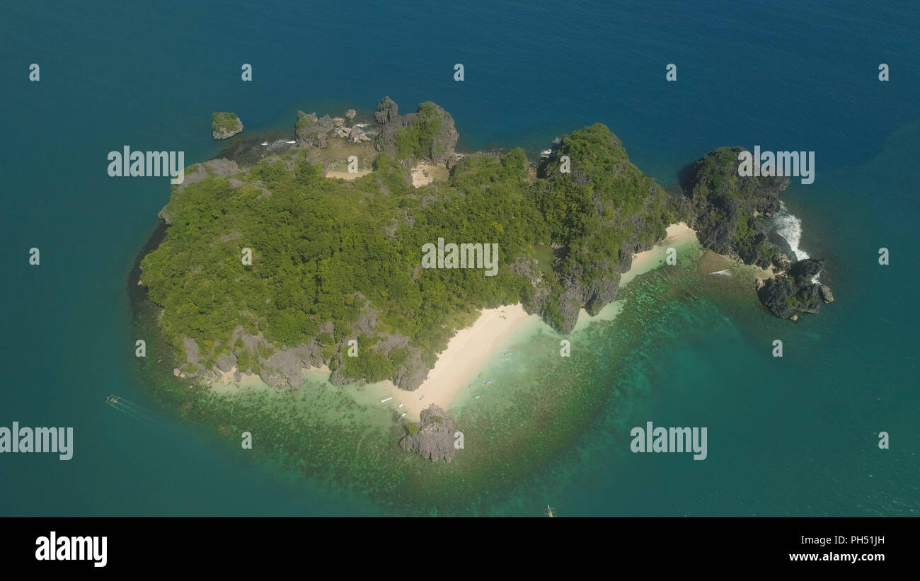 Aerial view Matukad island with sand beach and turquoise water in blue ...
