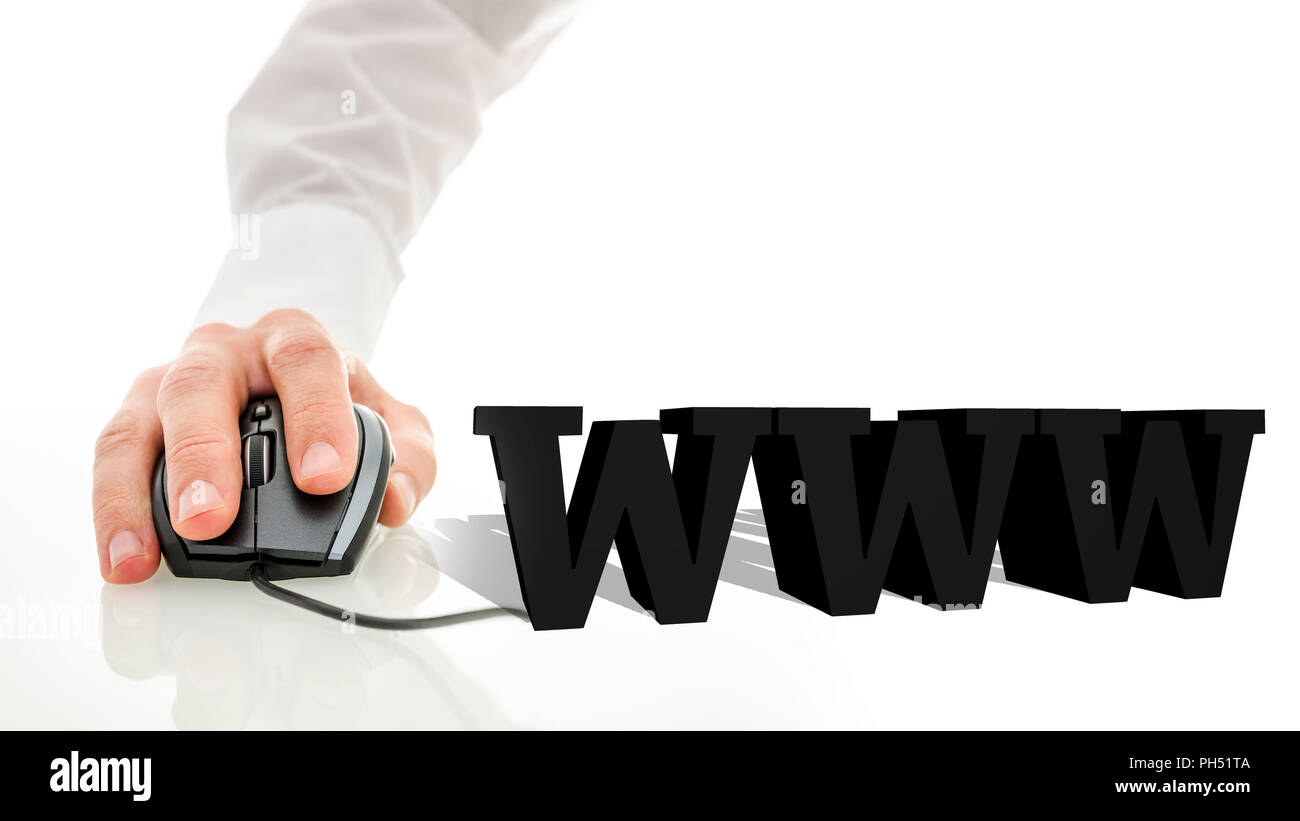 Computer mouse connected to virtual 3D www sign Stock Photo - Alamy