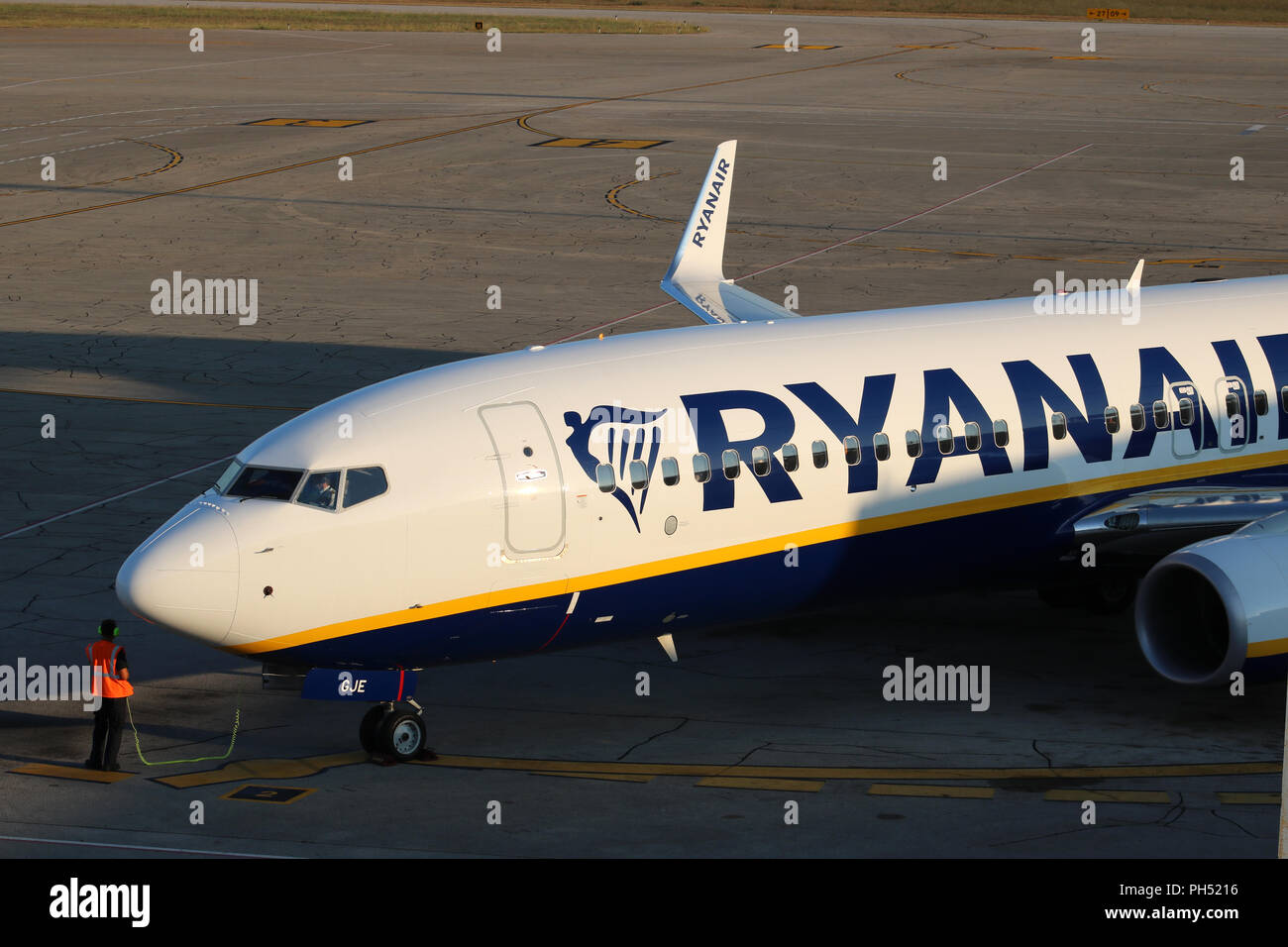 Front of a Ryanair aircraft on the tarmac at Pula airport in Croatia as ...