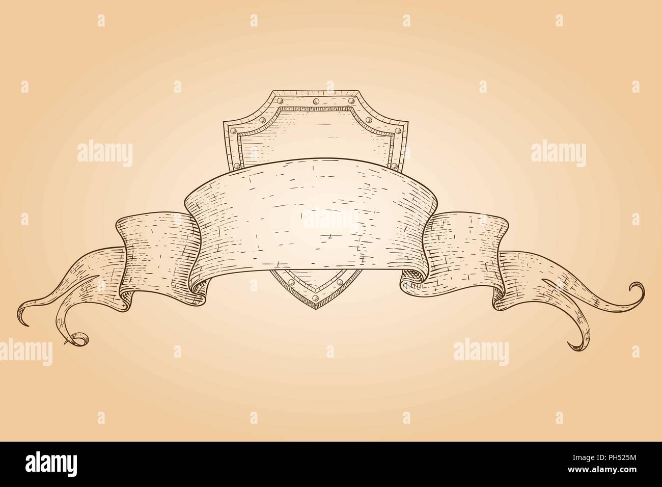 Shield covered with ribbon banner. Hand drawn sketch on beige ...