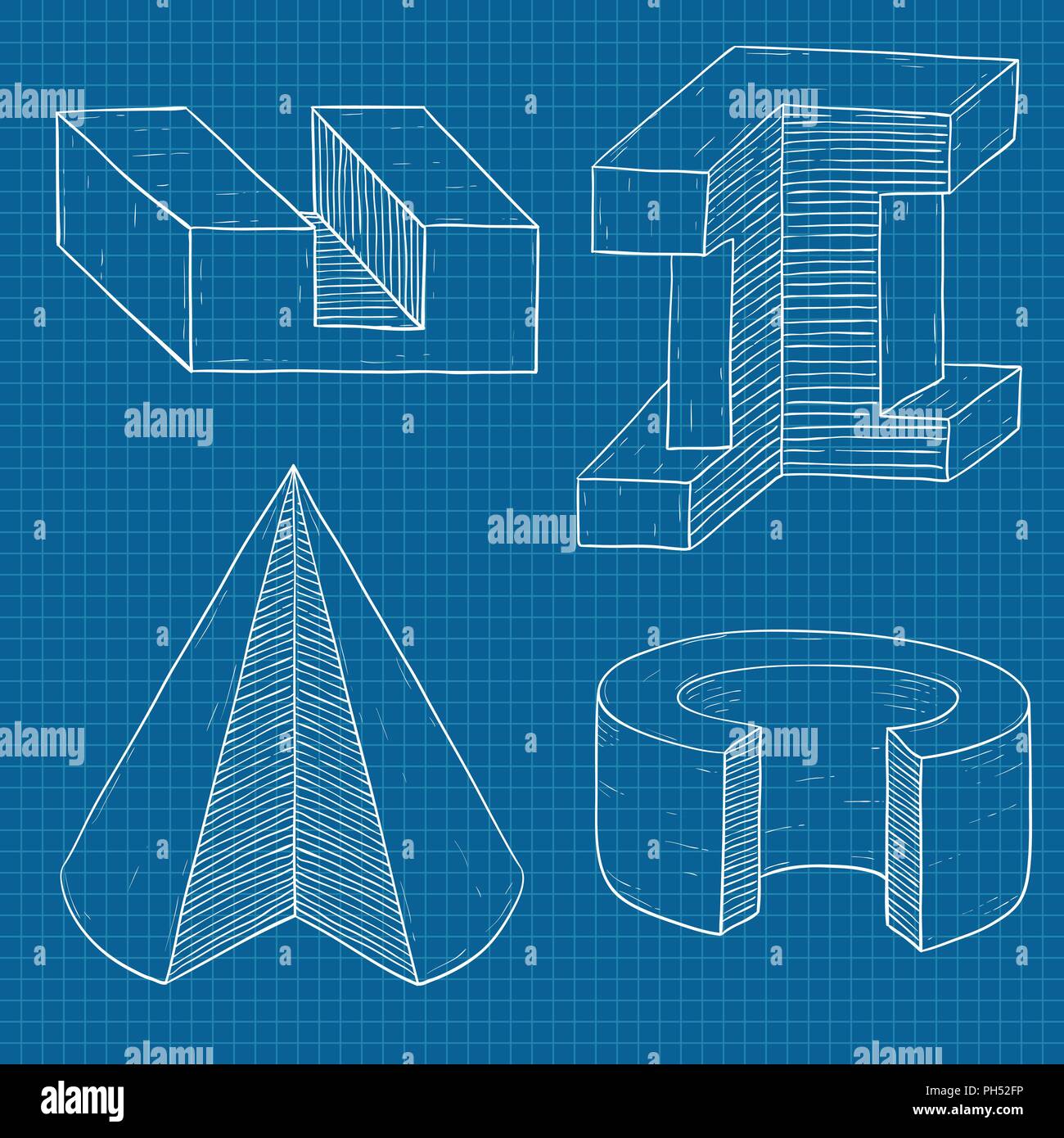 Geometric figures. Hand drawn sketch on blueprint background Stock ...