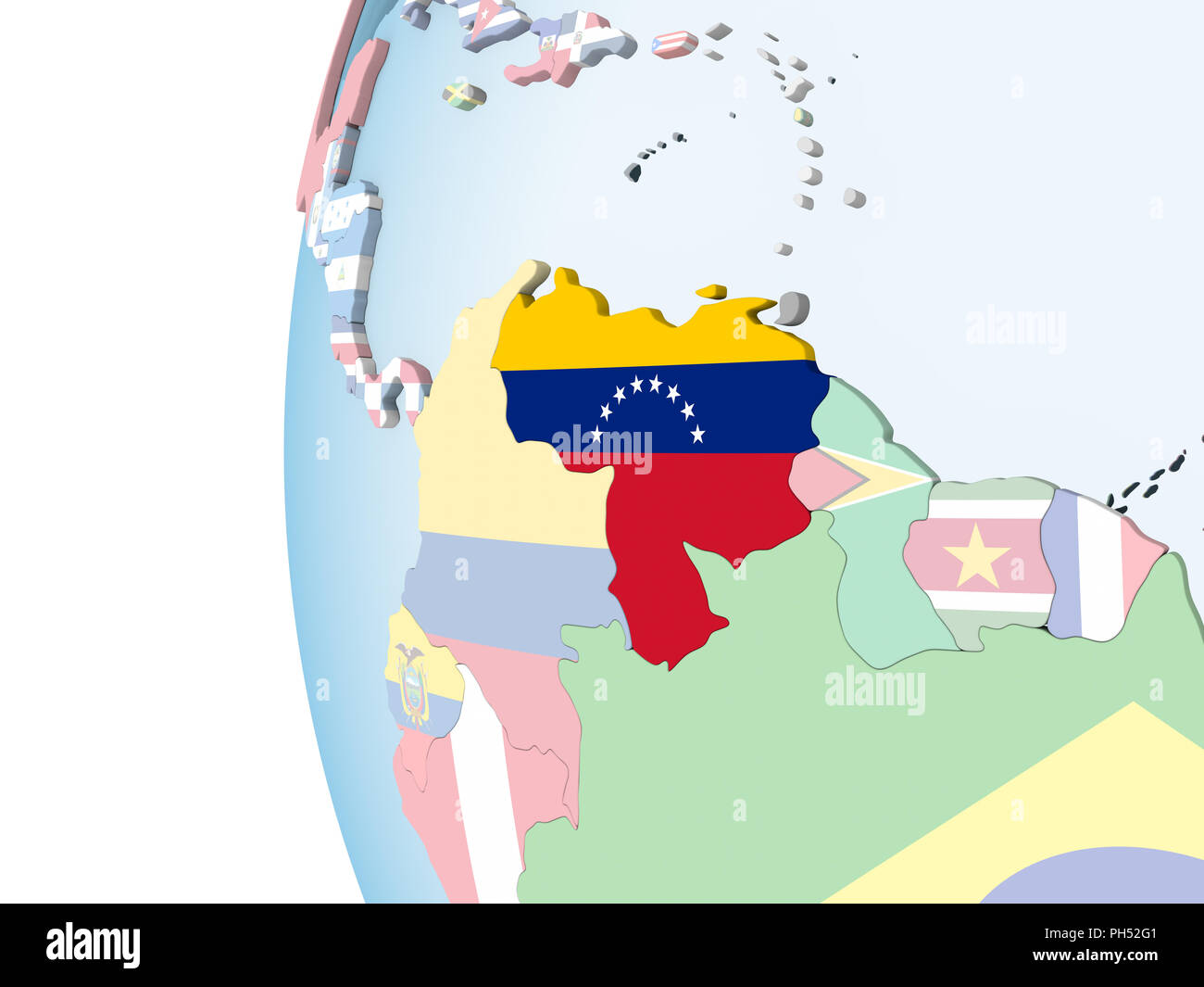 Venezuela on bright political globe with embedded flag. 3D illustration ...