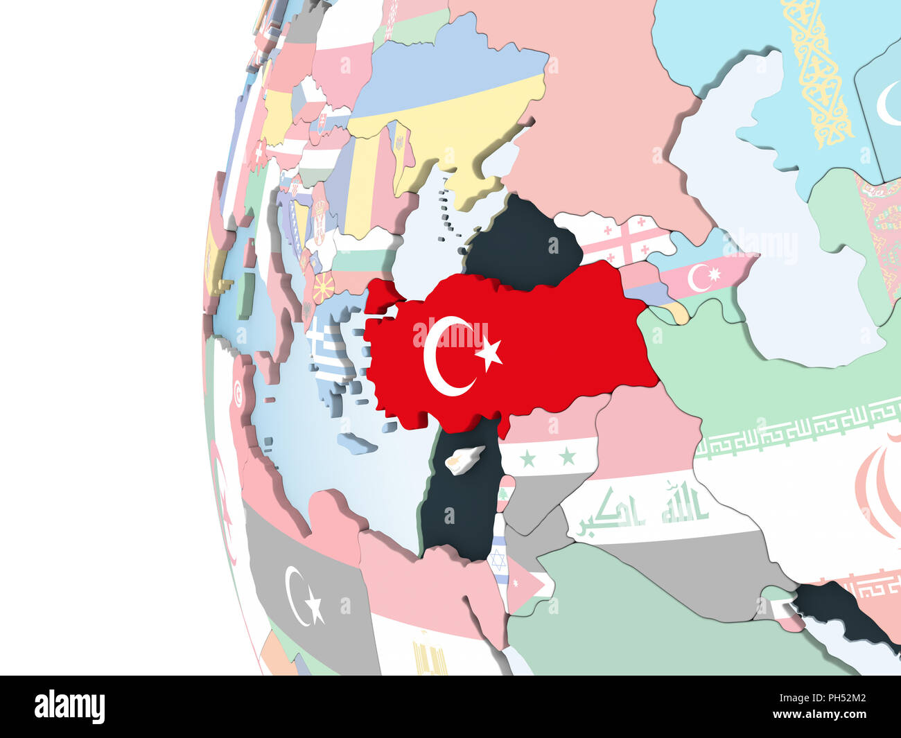 Turkey on bright political globe with embedded flag. 3D illustration ...