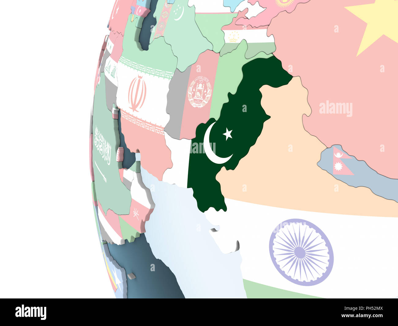 Pakistan on bright political globe with embedded flag. 3D illustration ...