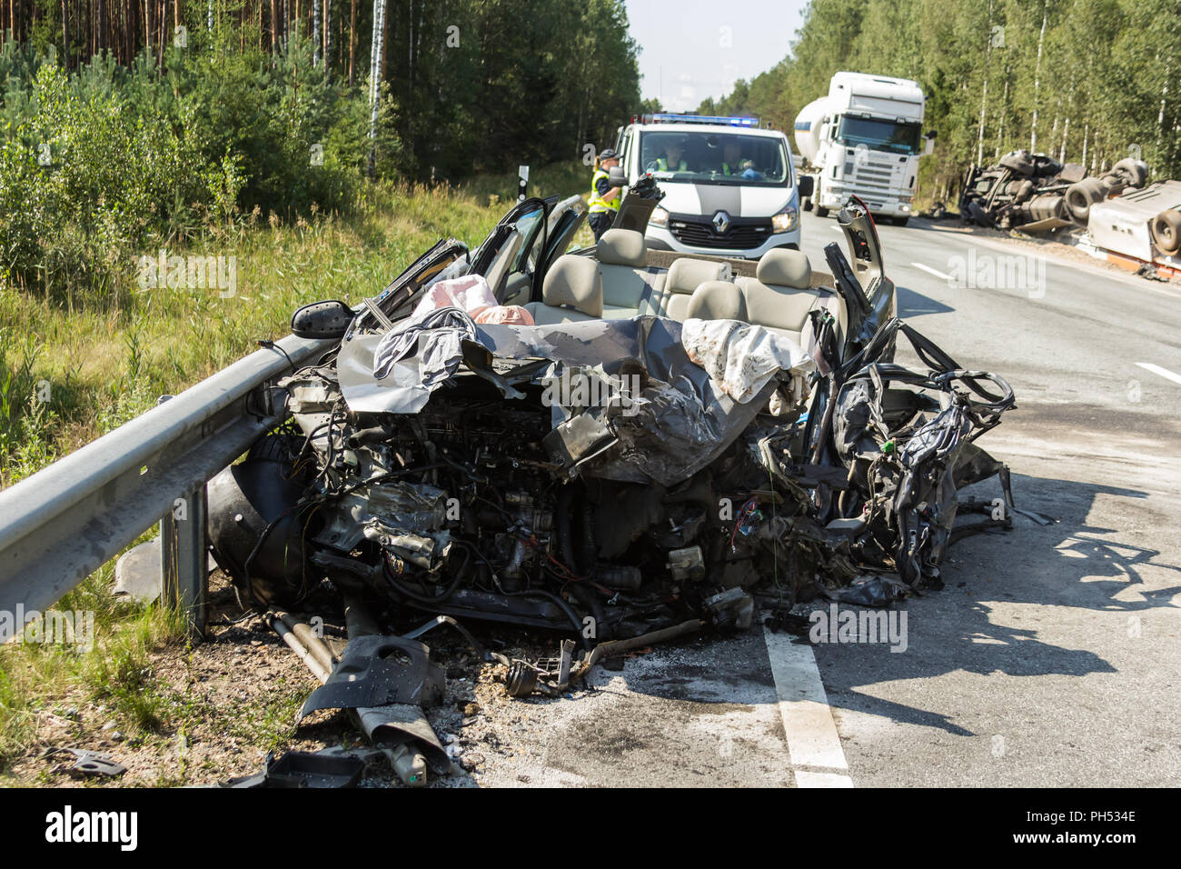 frontal collision of Volvo and truck with tanker for transportation of ...