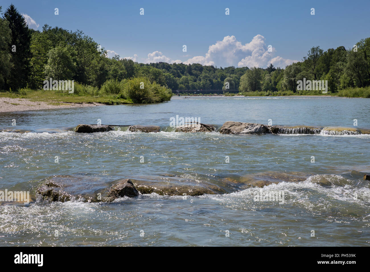 “Isar” River with River Steps and River Bank with Trees and Meadow in ...